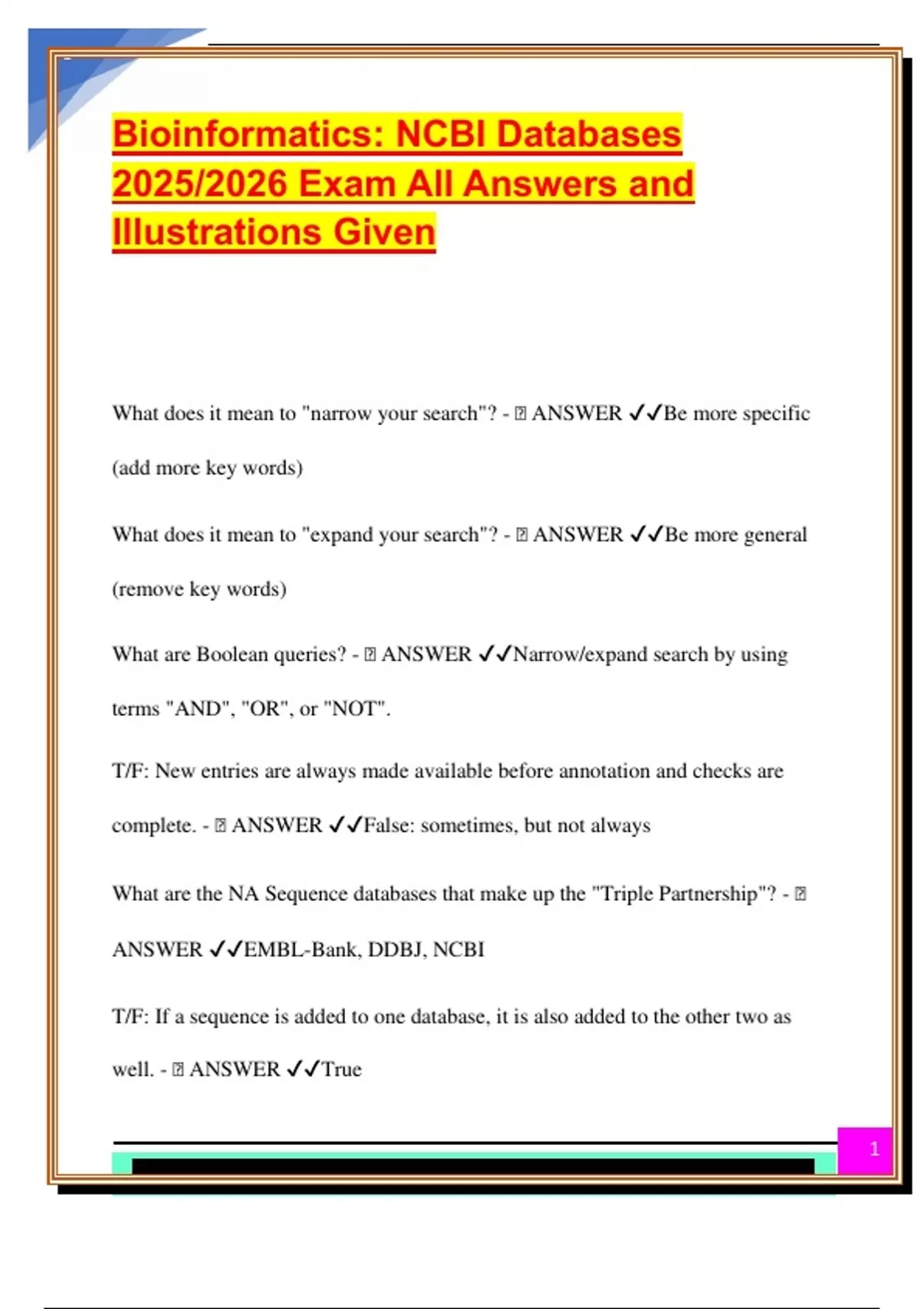 Bioinformatics: NCBI Databases 2025/2026 Exam All Answers and Illustrations Given ...