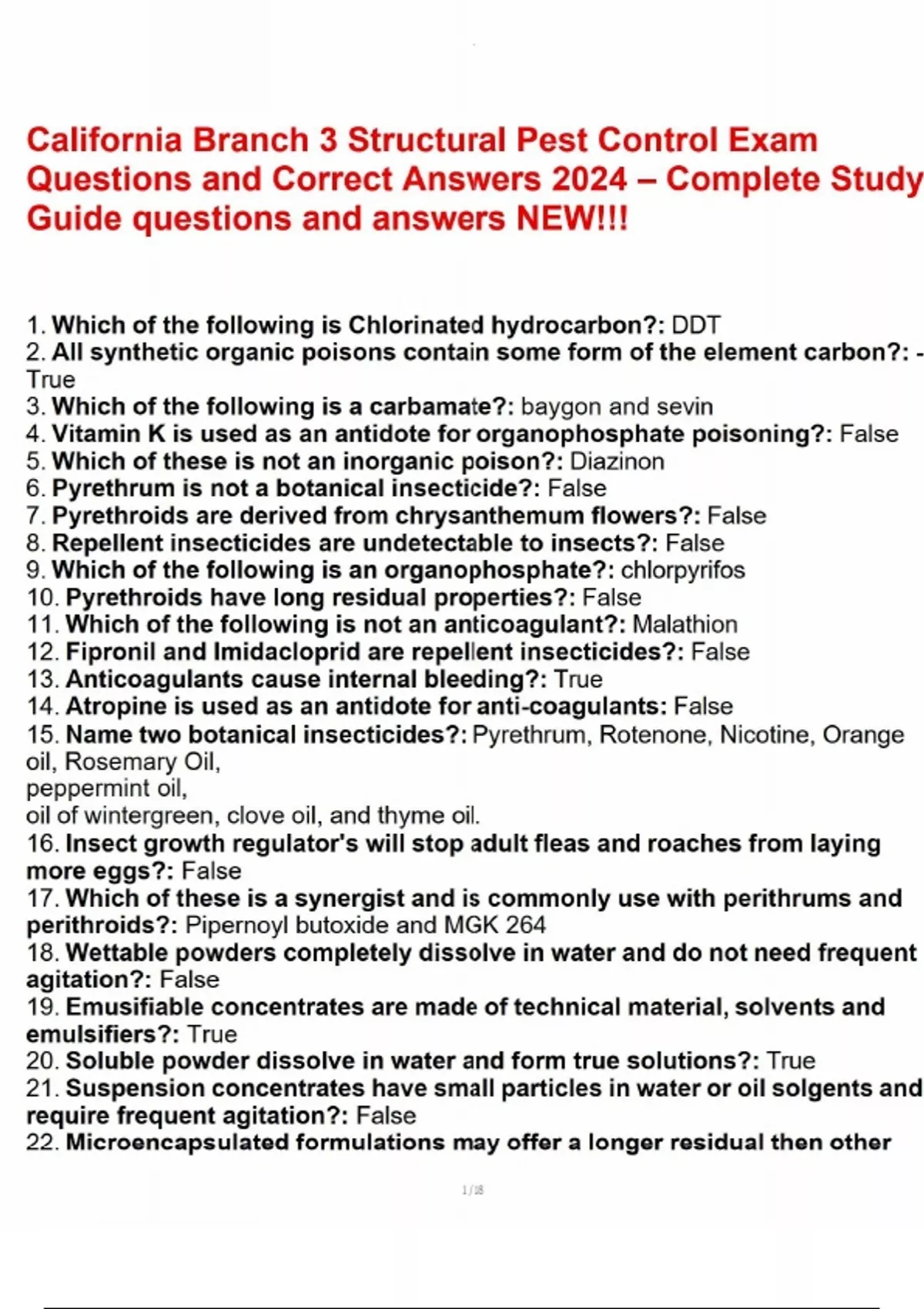 California Branch 3 Structural Pest Control Exam Questions and Correct ...