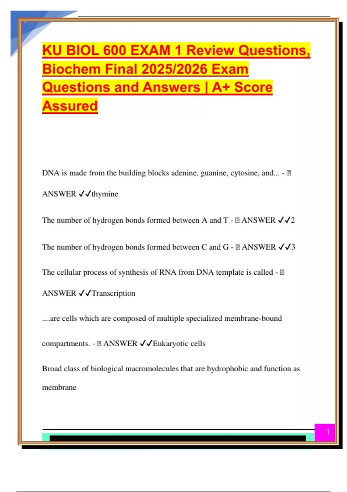 KU BIOL 600 EXAM 1 Review Questions, Biochem Final 2025/2026 Exam Questions and Answers | A+ ...