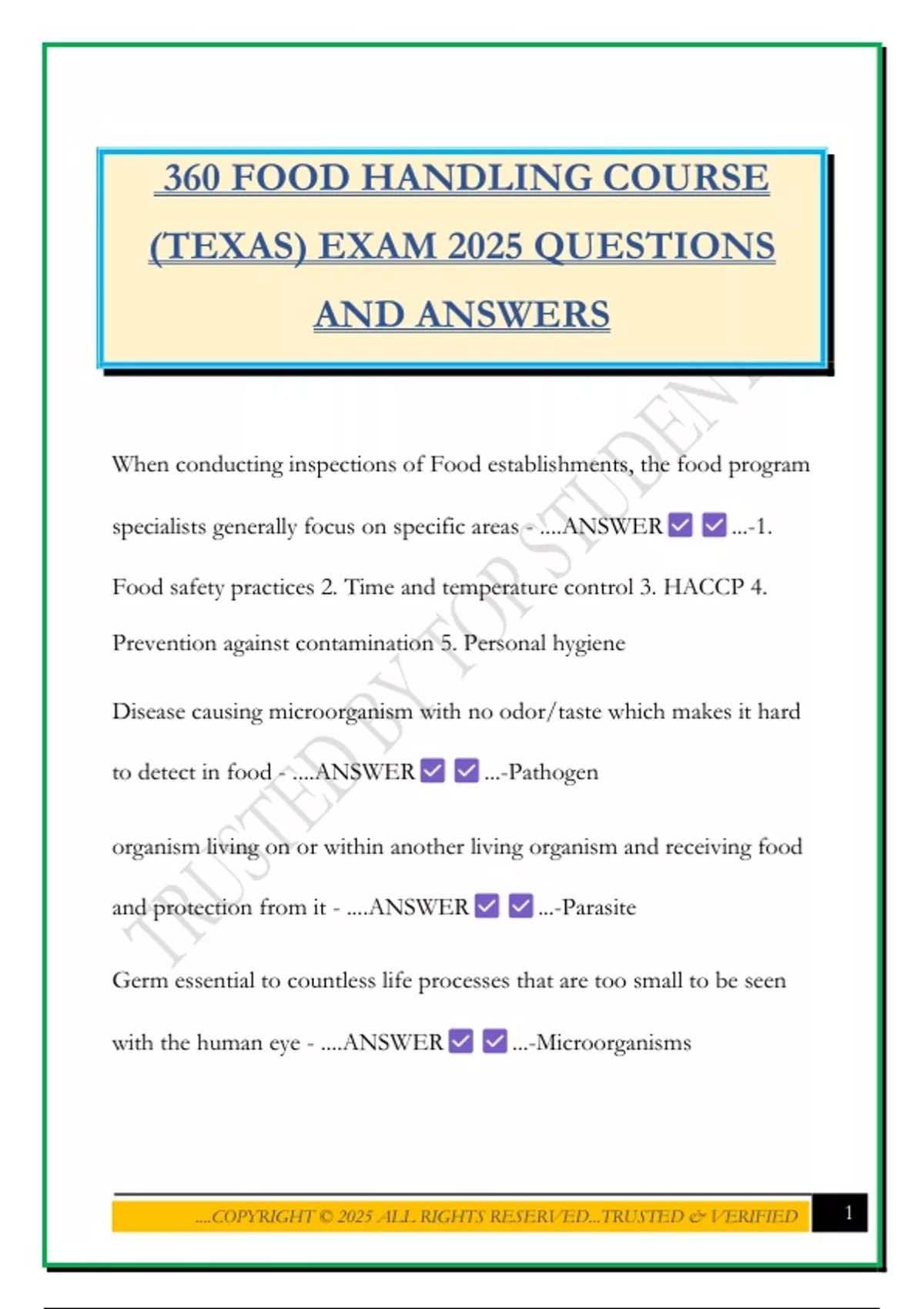 360 FOOD HANDLING COURSE (TEXAS) EXAM 2025 QUESTIONS AND ANSWERS - Food ...