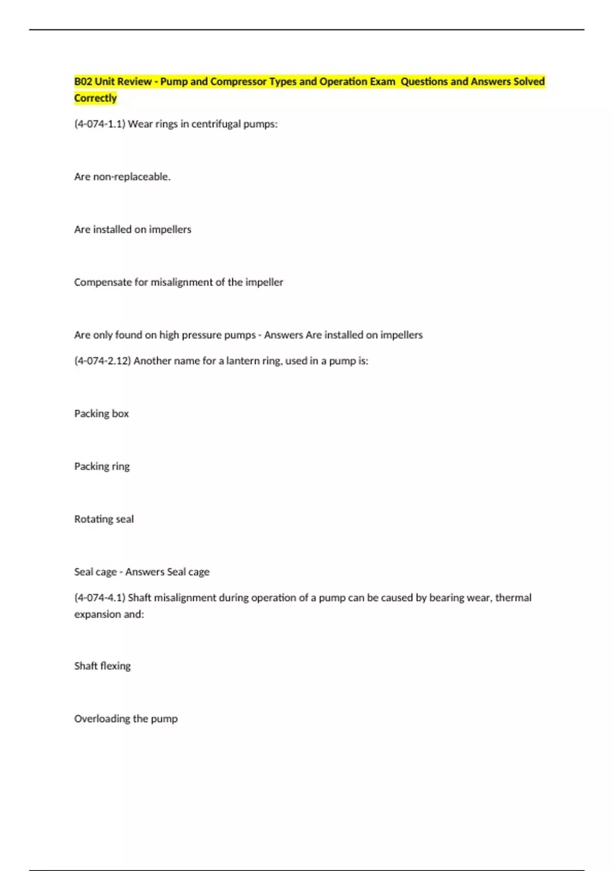 B02 Unit Review - Pump and Compressor Types and Operation Exam Questions and Answers Solved ...