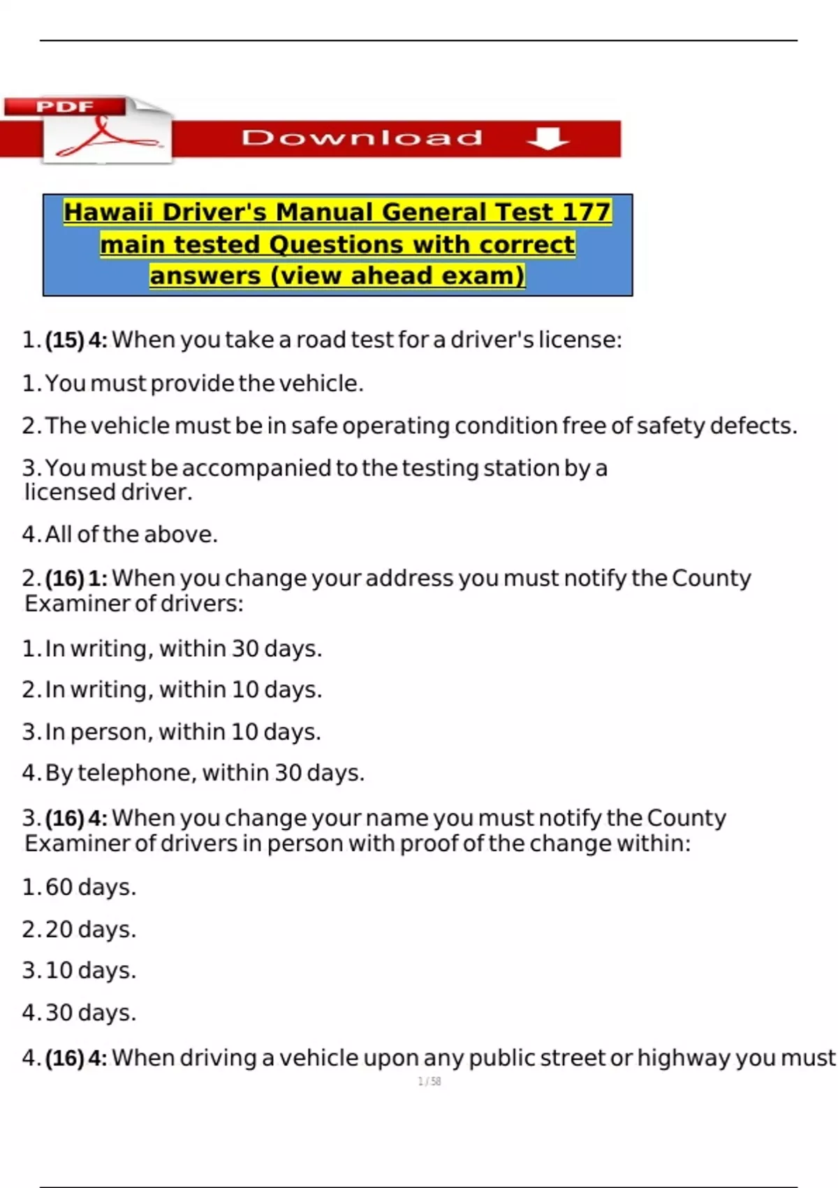 Hawaii Driver's Manual General Test 177 main tested Questions with ...