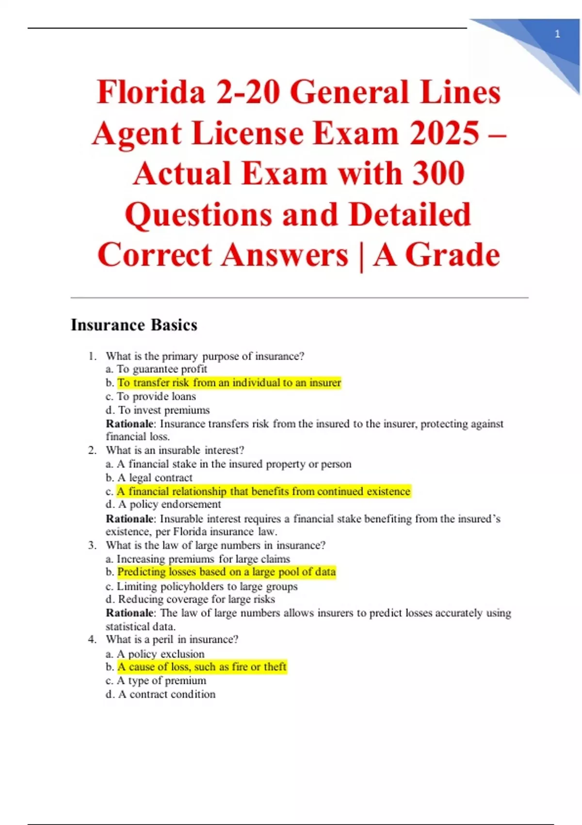 Florida 2-20 General Lines Agent License Exam 2025 – Actual Exam with ...