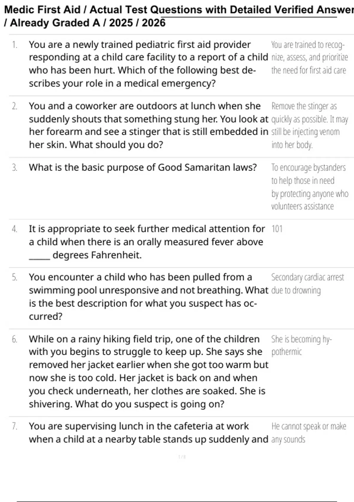 Medic First Aid / Actual Test Questions with Detailed Verified Answers ...