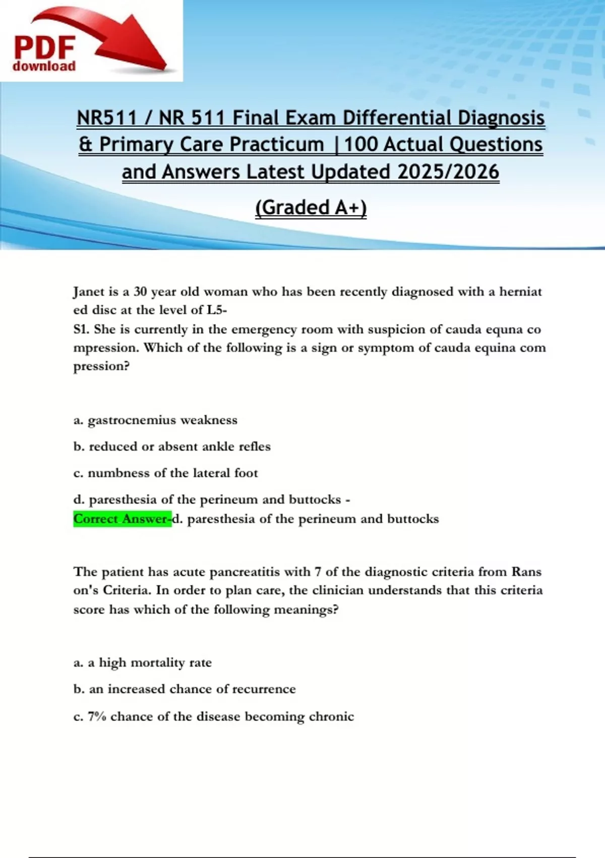 NR511 / NR 511 Final Exam Differential Diagnosis & Primary Care ...