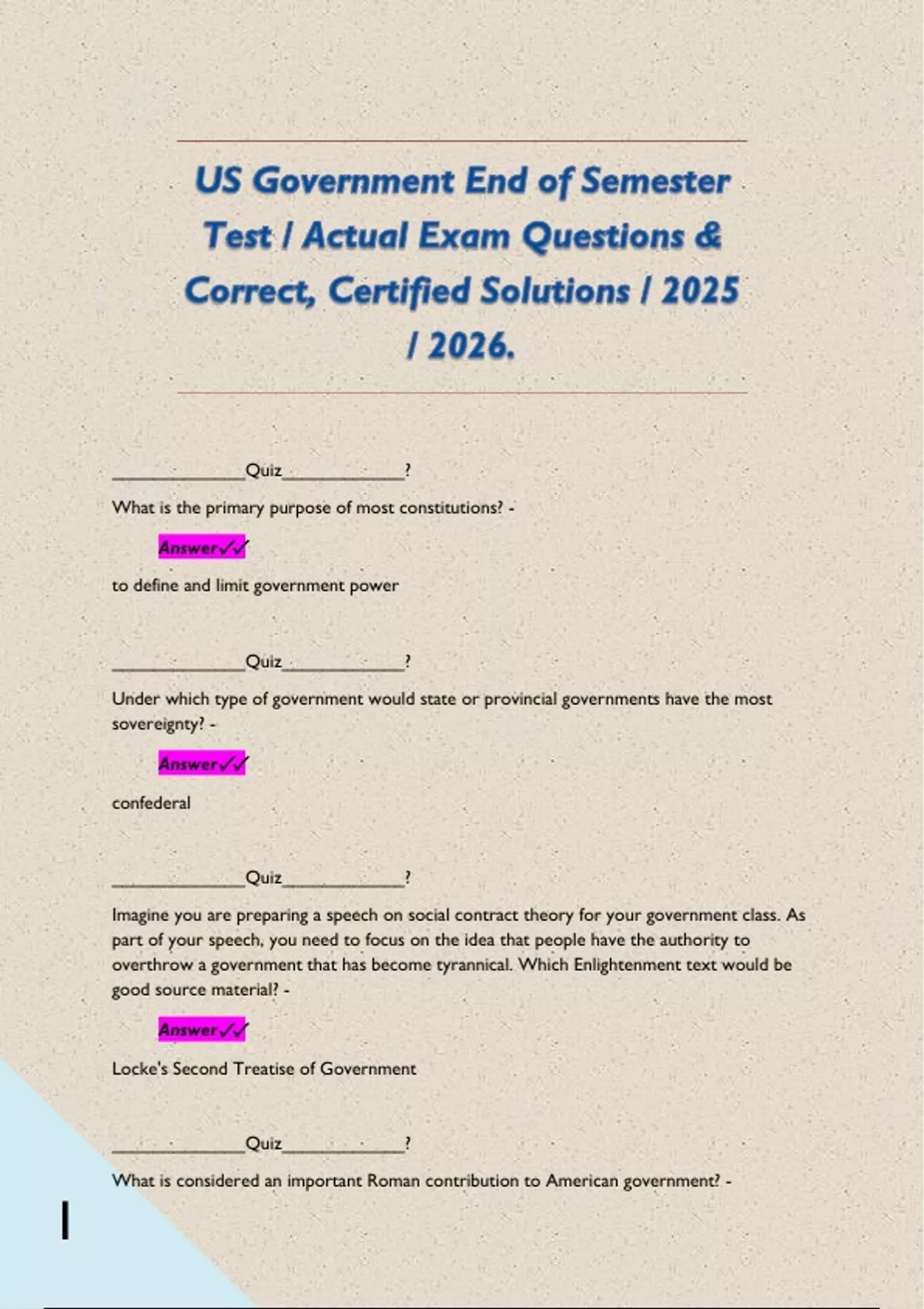 US Government End of Semester Test / Actual Exam Questions & Correct ...