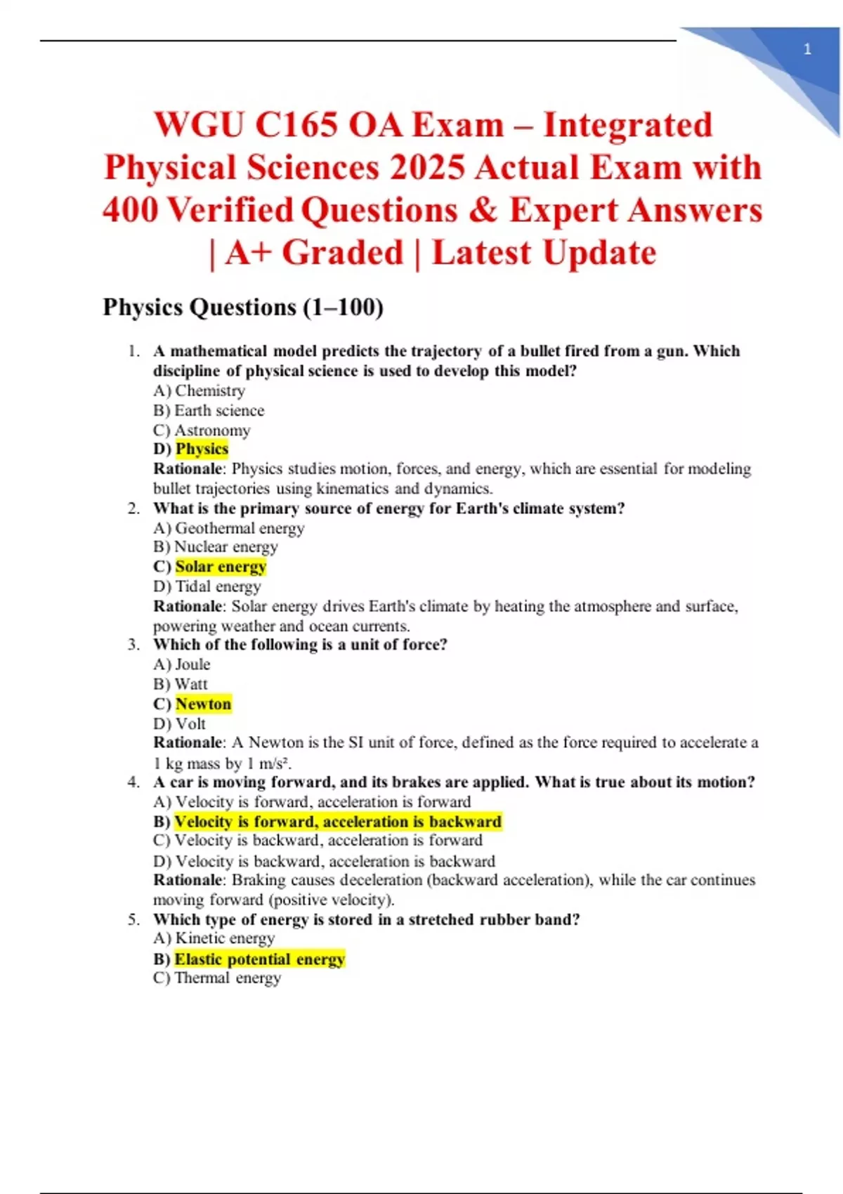 WGU C165 OA Exam – Integrated Physical Sciences 2025 Actual Exam with 400 Verified Questions ...