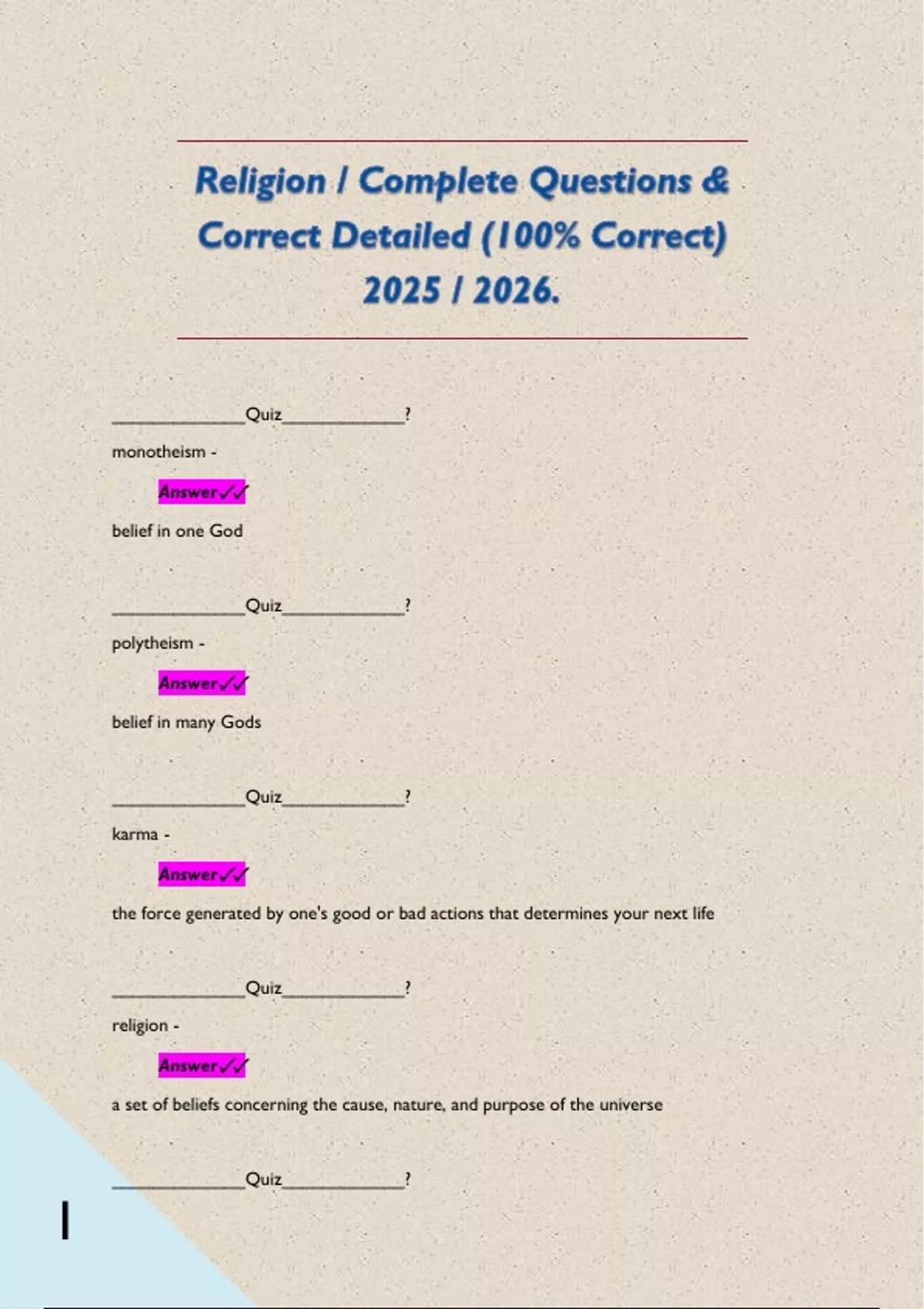 Religion / Complete Questions & Correct Detailed (100% Correct) 2025 / ...