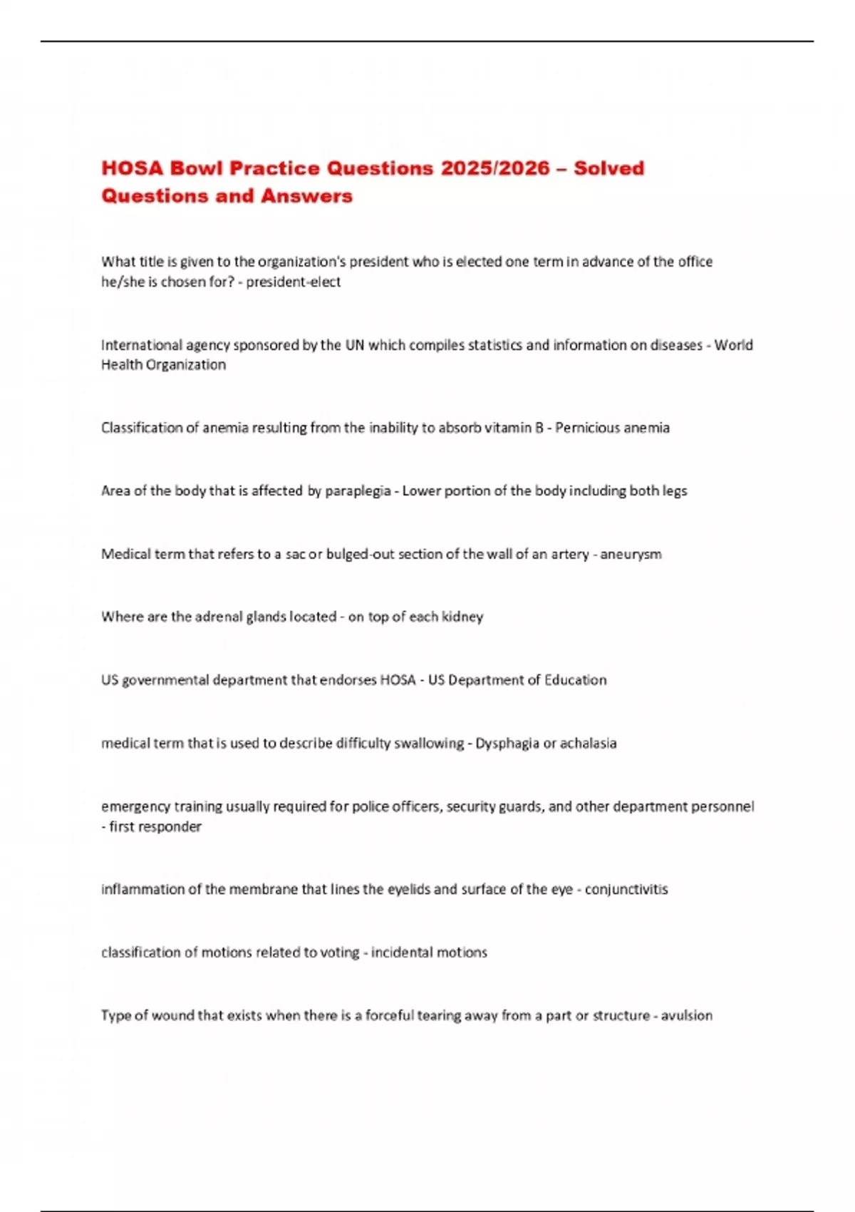 HOSA Bowl Practice Questions 2025/2026 – Solved Questions and Answers ...