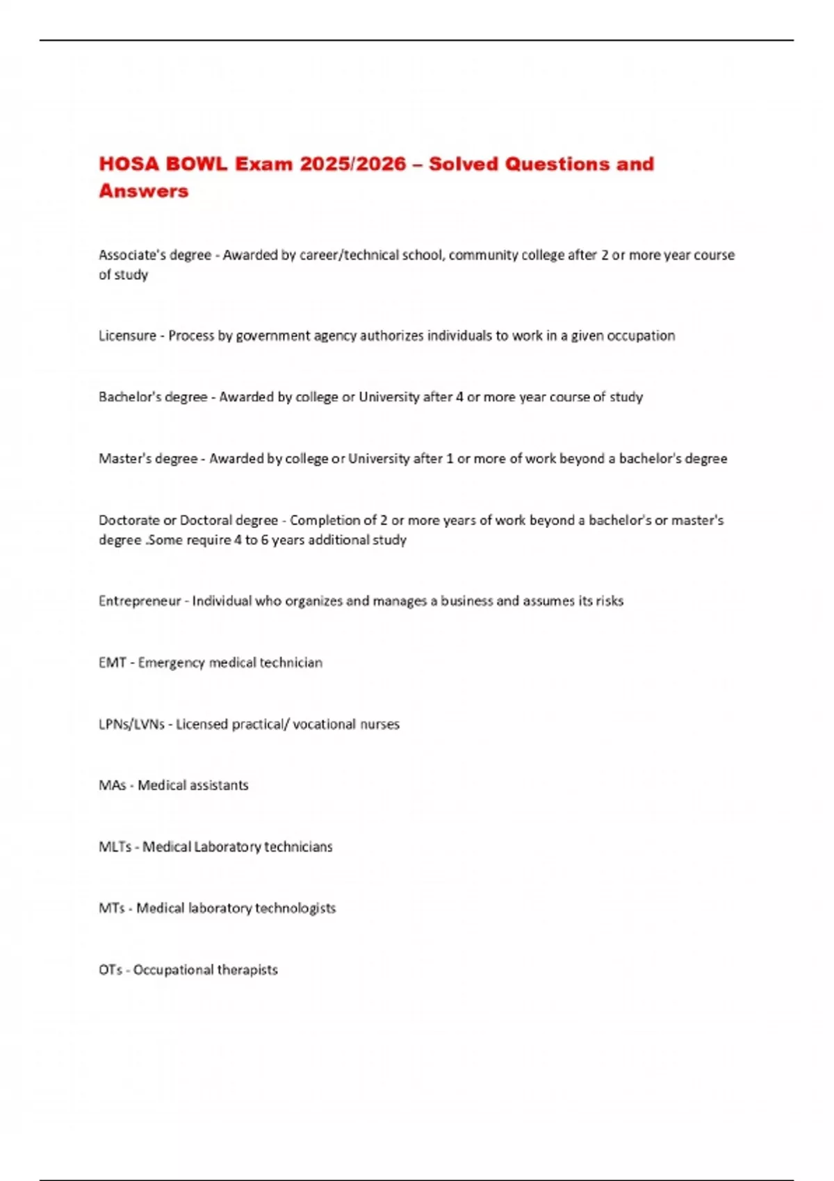 HOSA BOWL Exam 2025/2026 – Solved Questions and Answers - HOSA BOWL ...