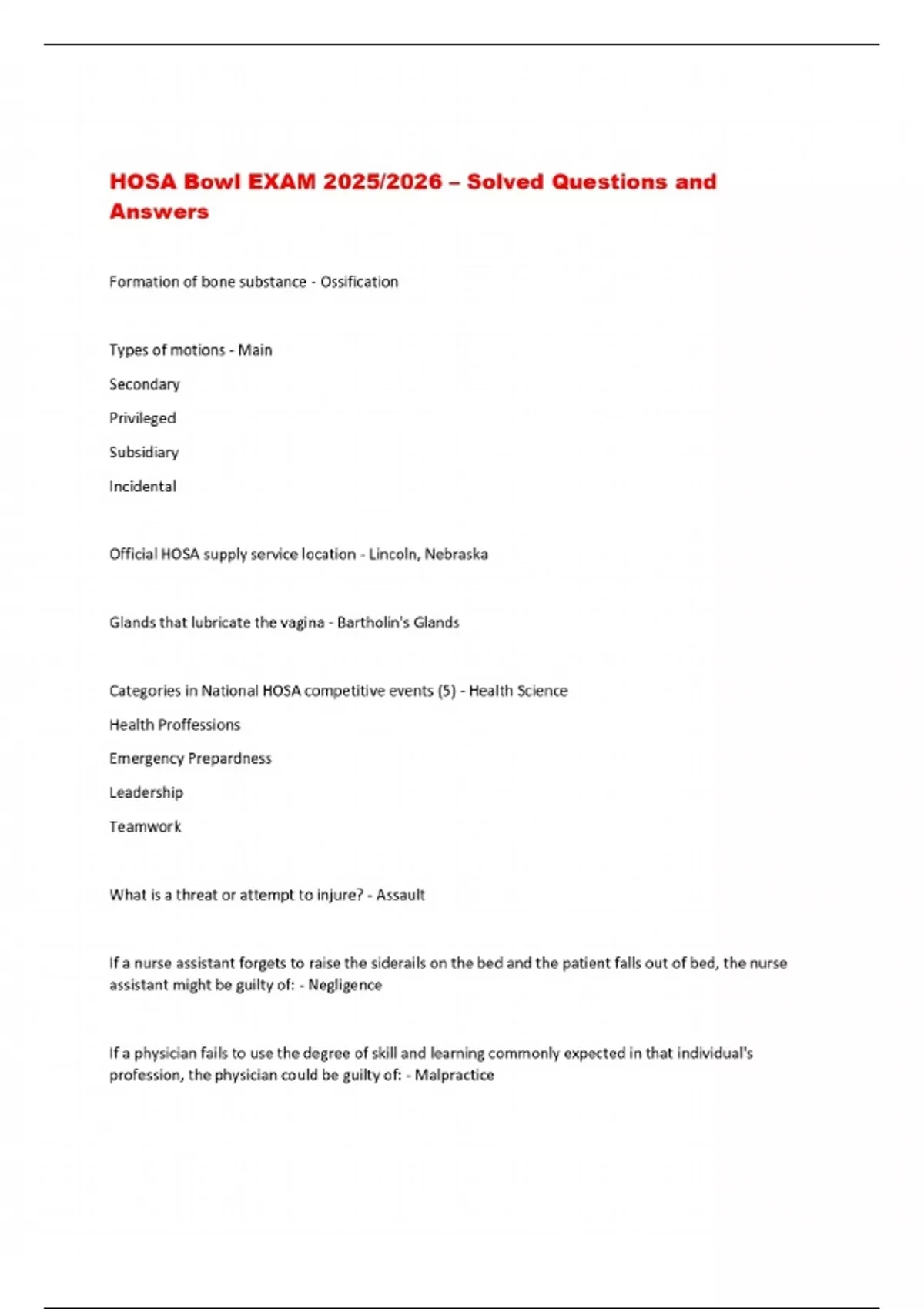 HOSA Bowl EXAM 2025/2026 – Solved Questions and Answers - HOSA BOWL ...