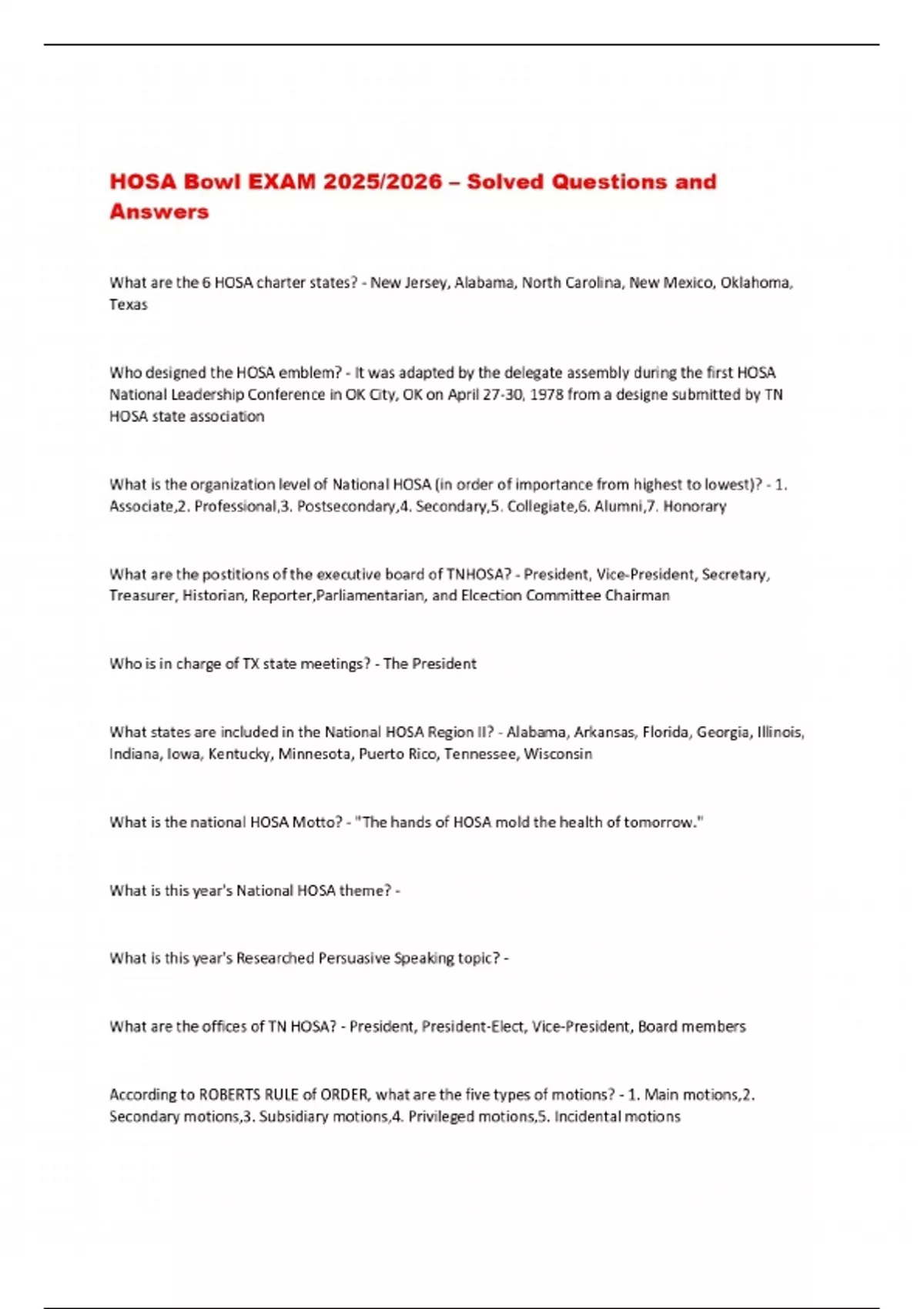 HOSA Bowl EXAM 2025/2026 – Solved Questions and Answers - HOSA BOWL ...