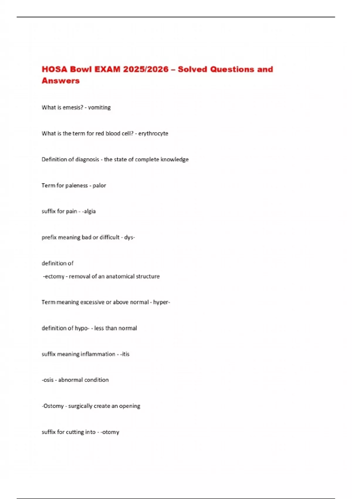 HOSA Bowl EXAM 2025/2026 – Solved Questions and Answers - HOSA BOWL ...