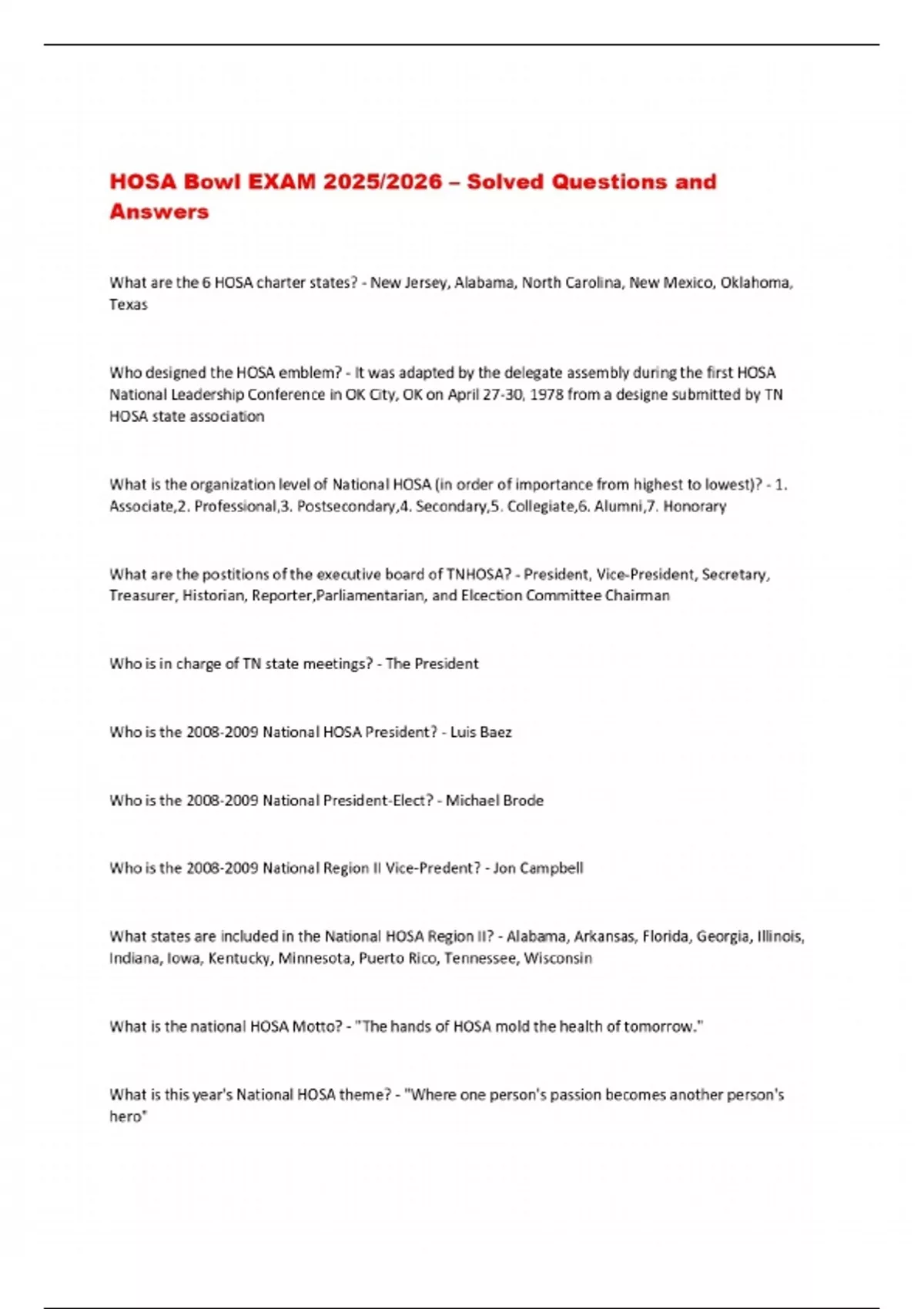 HOSA Bowl EXAM 2025/2026 – Solved Questions and Answers - HOSA BOWL ...