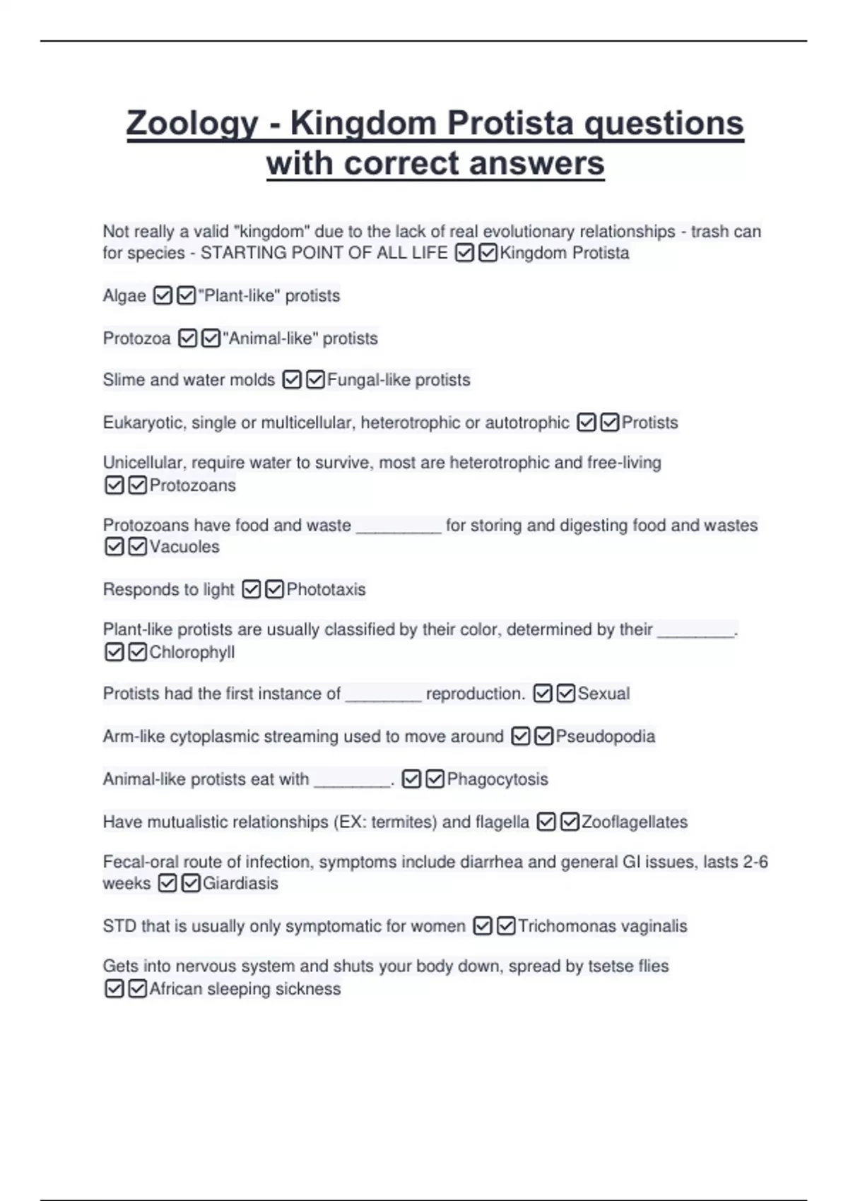 Zoology - Kingdom Protista questions with correct answers - Zoology ...