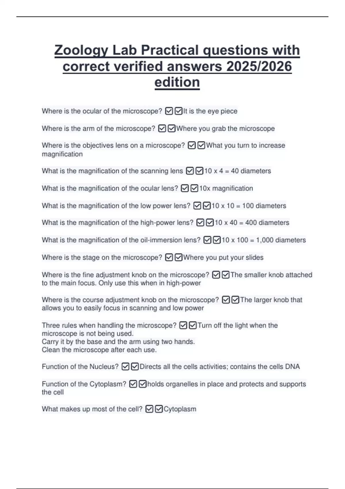 Zoology Lab Practical questions with correct verified answers 2025/2026 ...