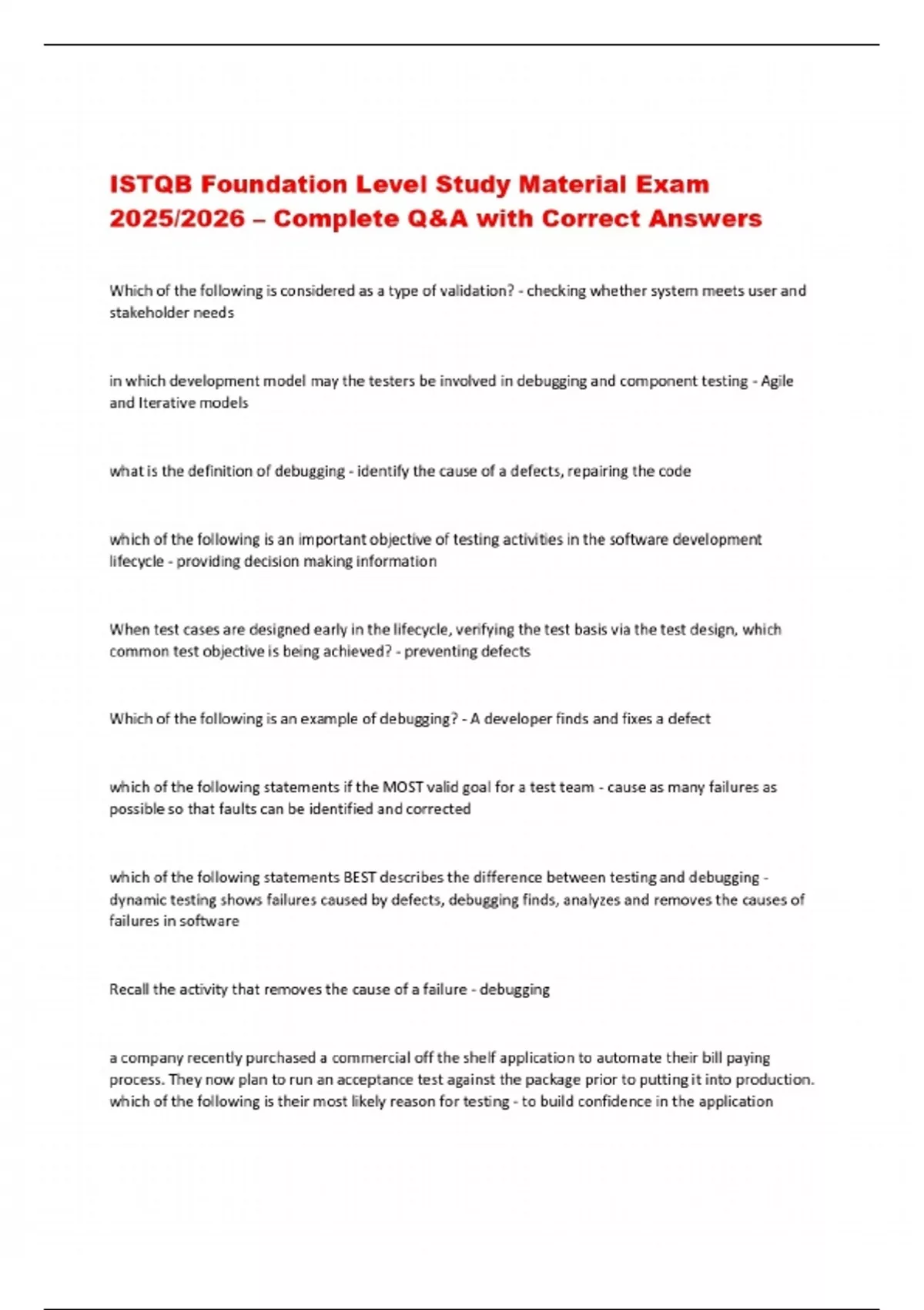 ISTQB Foundation Level Study Material Exam 2025/2026 – Complete Q&A with Correct Answers - ISTQB ...