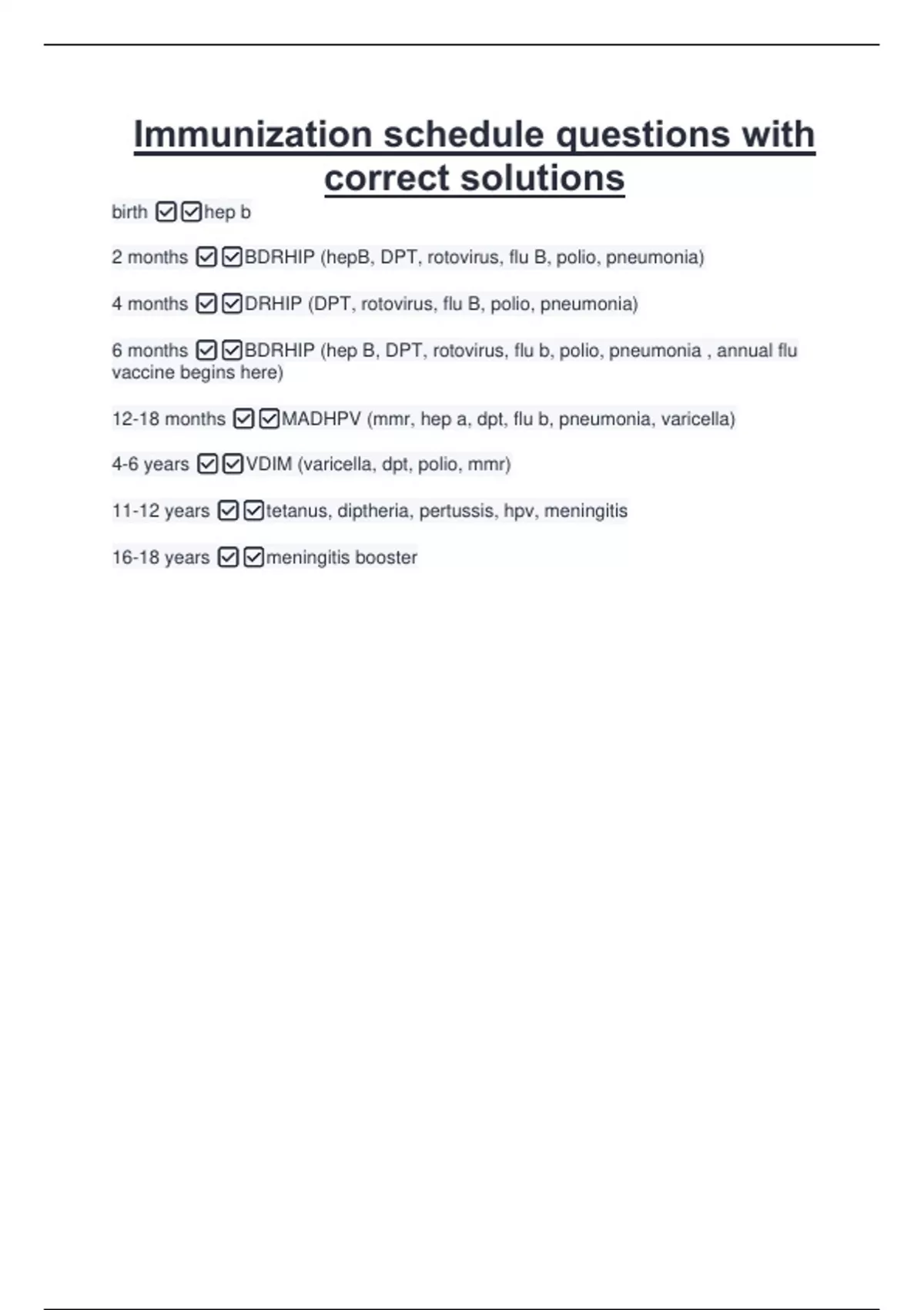Immunization schedule questions with correct solutions - Immunization schedule - Stuvia US