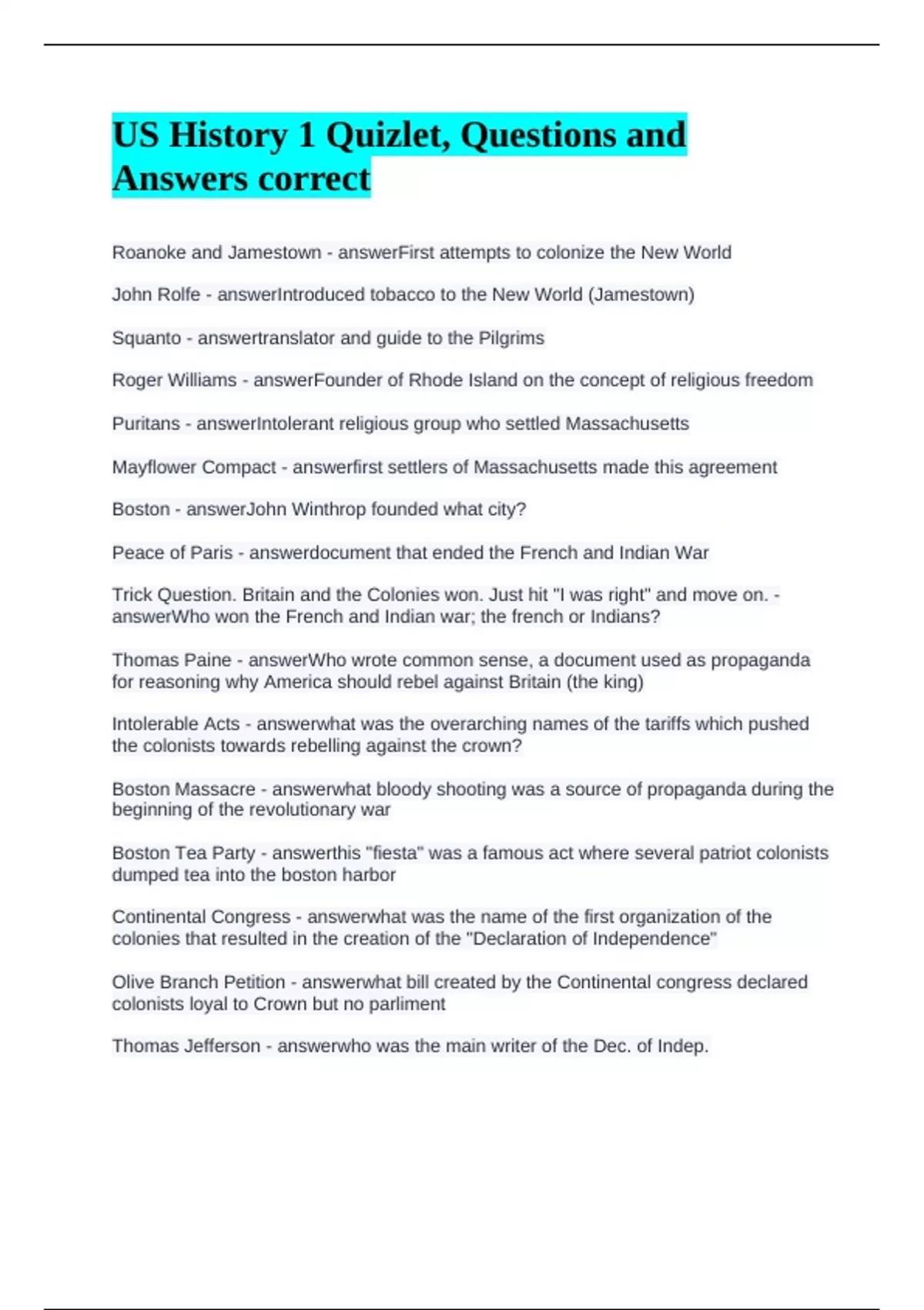 US History 1 Quizlet, Questions and Answers correct - US HISTORY ...