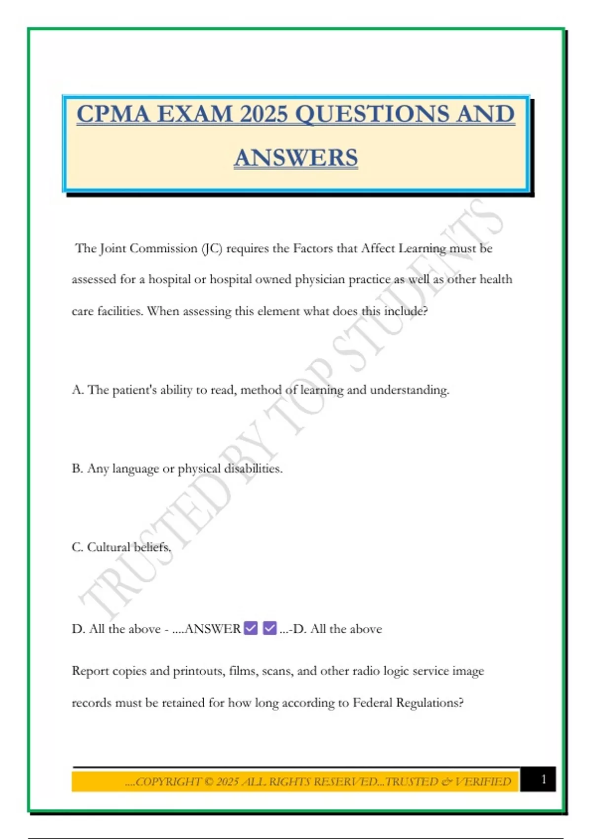 CPMA EXAM 2025 QUESTIONS AND ANSWERS - CPMA - Stuvia US