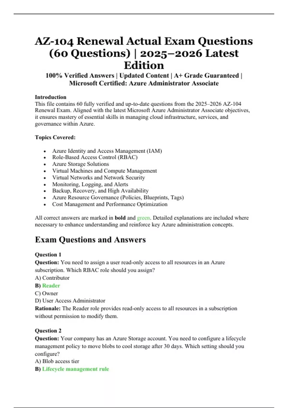 AZ-104 Renewal Actual Exam Questions (60 Questions) | 2025–2026 Latest ...