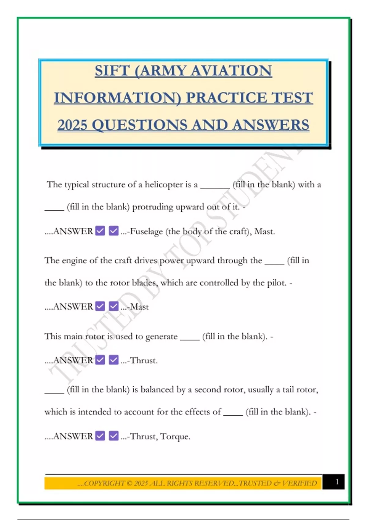 SIFT (ARMY AVIATION INFORMATION) PRACTICE TEST 2025 QUESTIONS AND ...