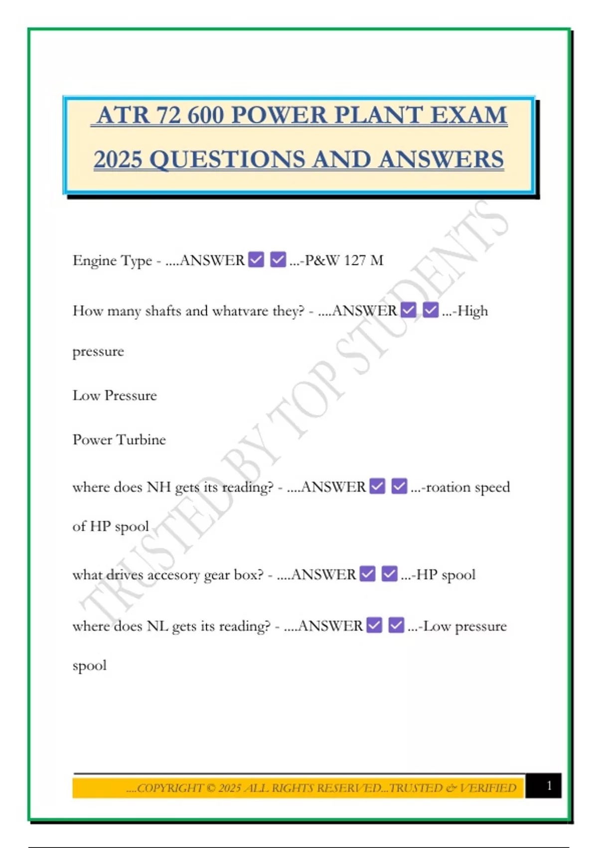ATR 72 600 POWER PLANT EXAM 2025 QUESTIONS AND ANSWERS - AVIONICS ...