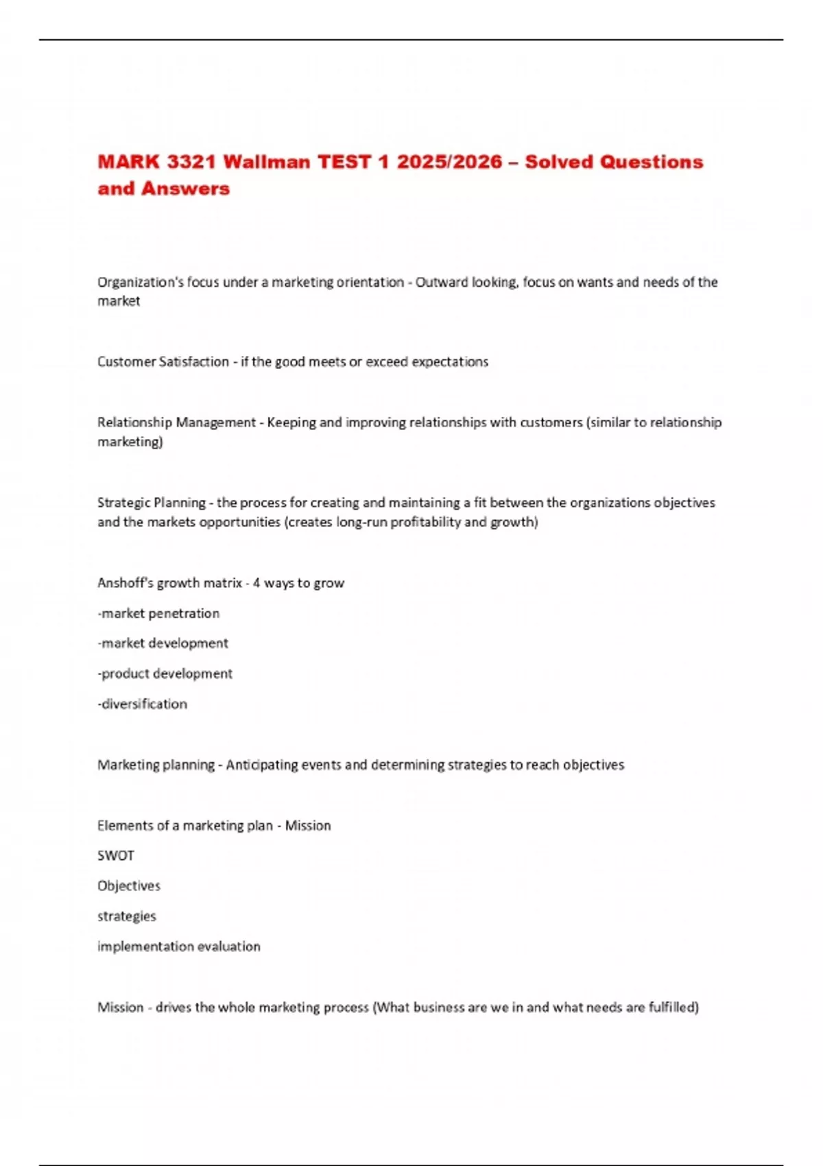 MARK 3321 Wallman TEST 1 2025/2026 – Solved Questions and Answers - MRK ...