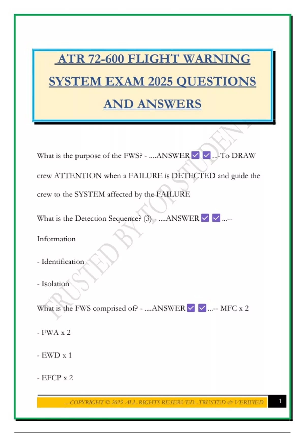 ATR 72-600 FLIGHT WARNING SYSTEM EXAM 2025 QUESTIONS AND ANSWERS ...