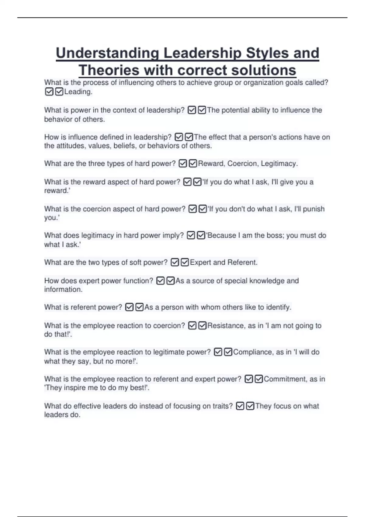 Understanding Leadership Styles and Theories with correct solutions ...