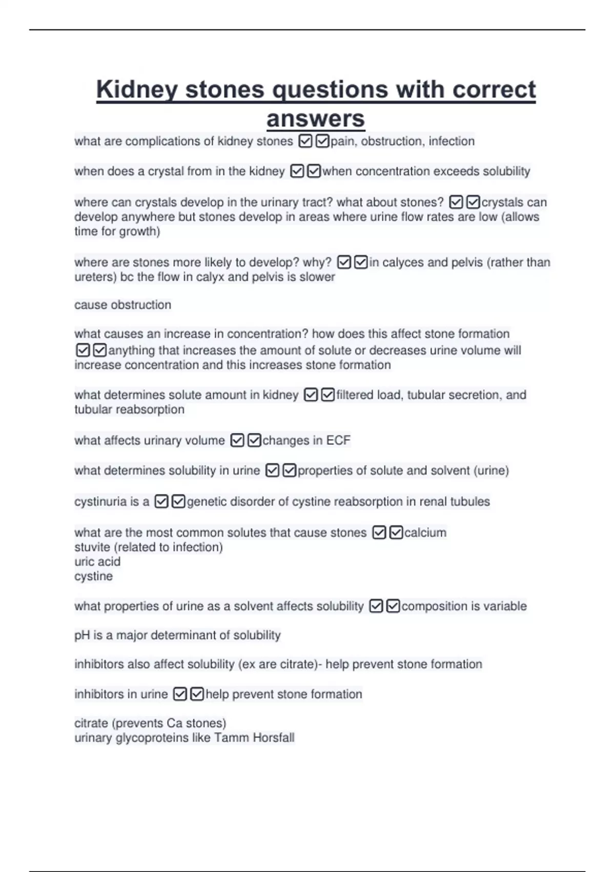 Kidney stones questions with correct answers - Kidney stones - Stuvia US