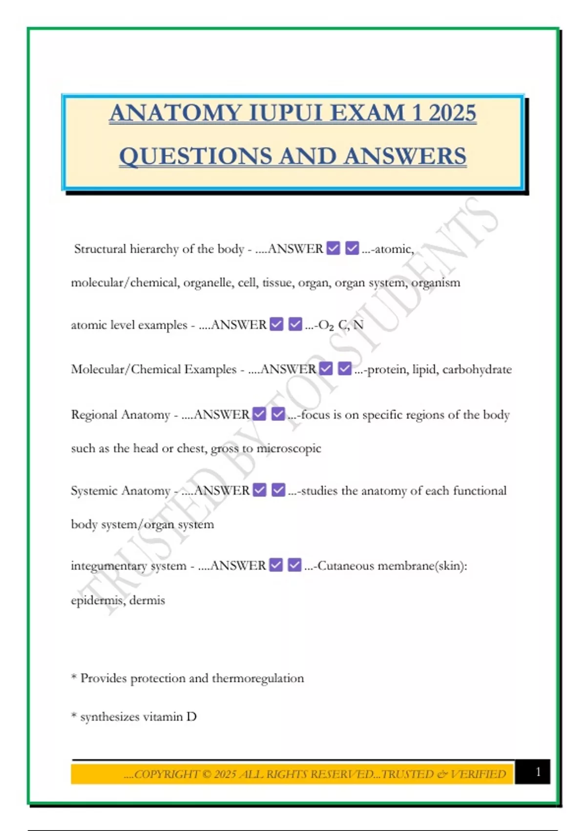 ANATOMY IUPUI EXAM 1 2025 QUESTIONS AND ANSWERS - IUPUI - Stuvia US