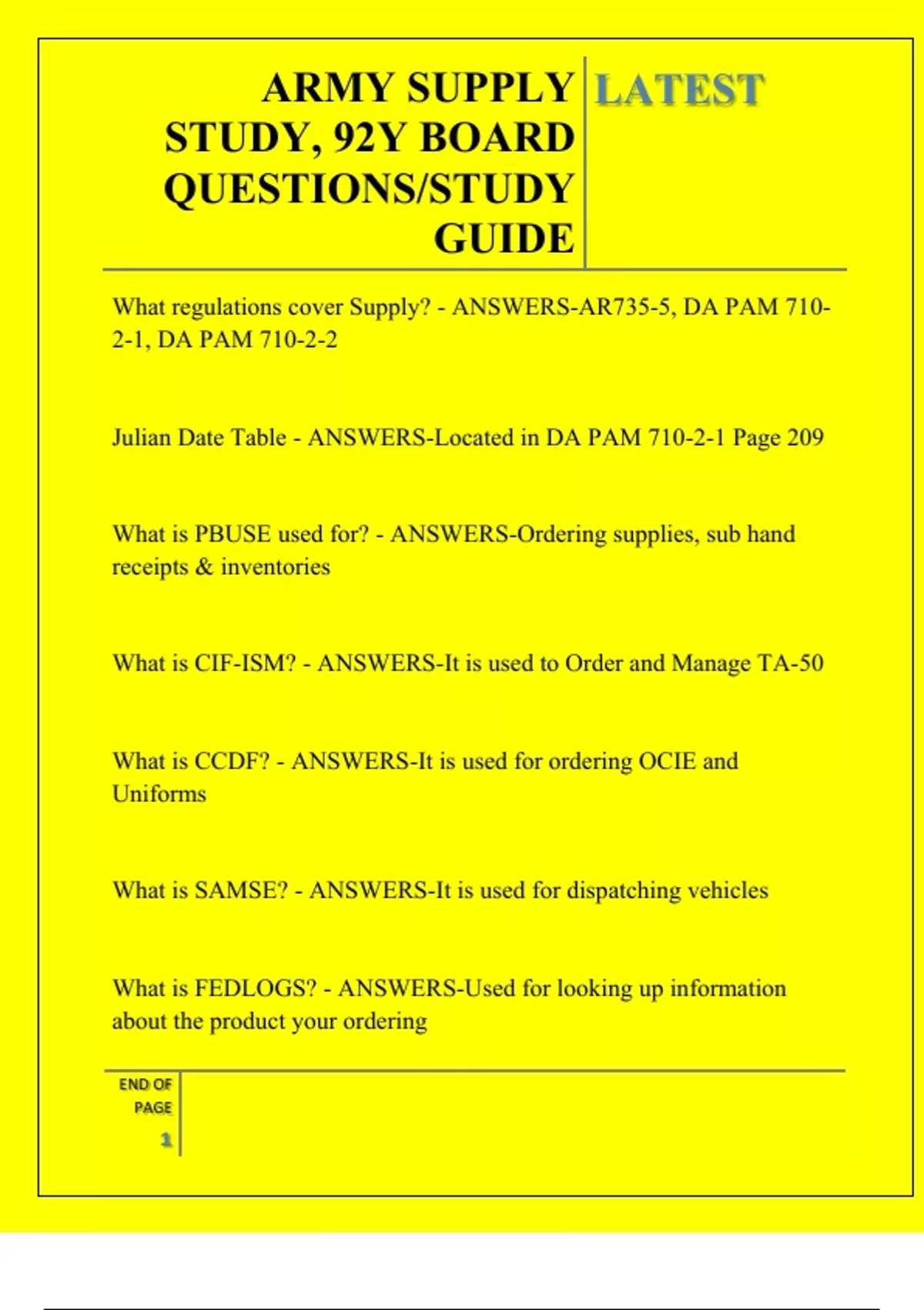 ARMY SUPPLY STUDY, 92Y BOARD QUESTIONS/STUDY GUIDE QUESTIONS AND ...