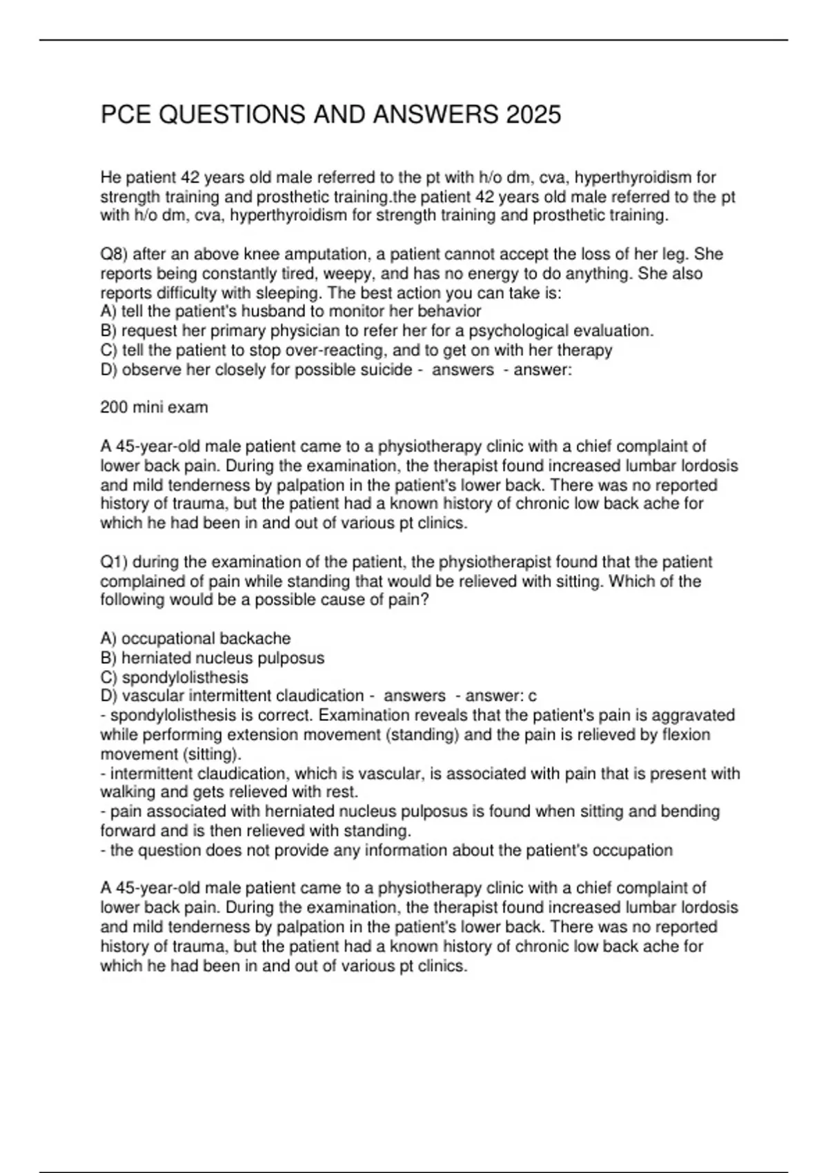 PCE QUESTIONS AND ANSWERS 2025 - PCE PHYSIOTHERAPY COMPETENCY - Stuvia US
