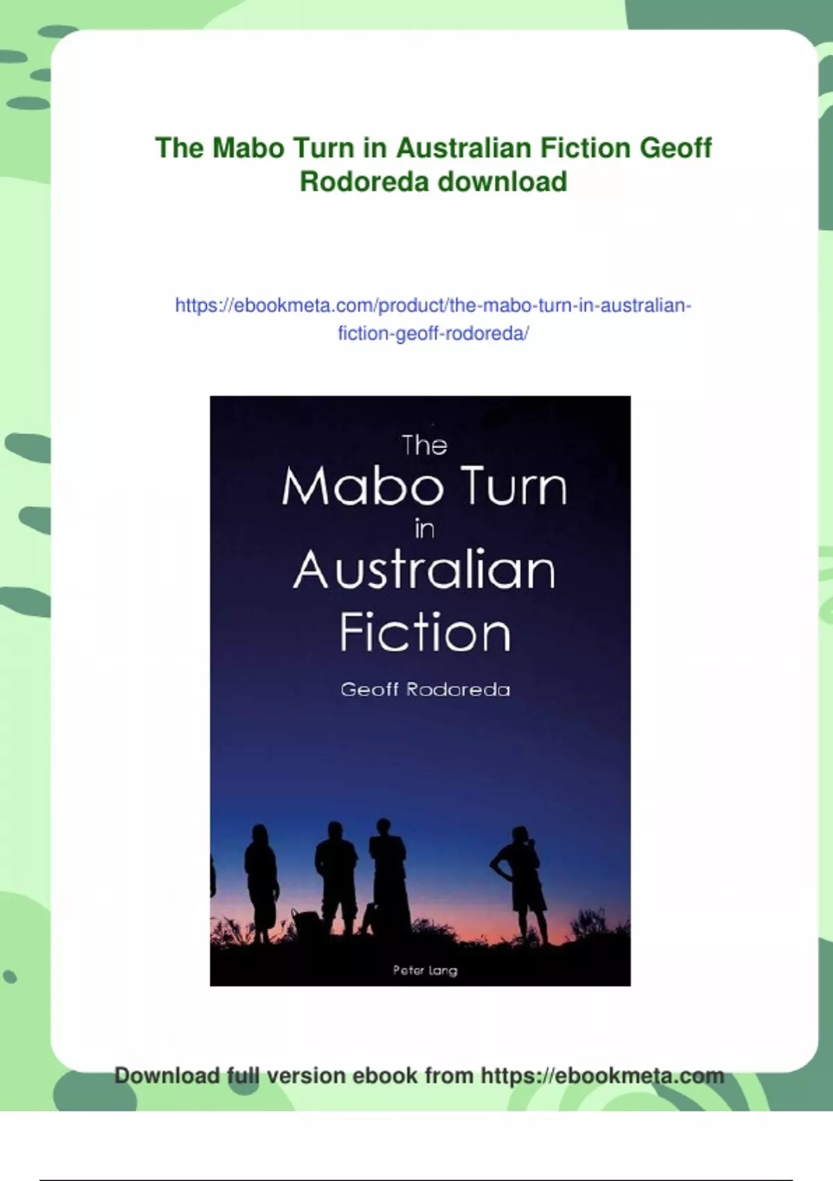 Summary The Mabo Turn in Australian Fiction Geoff Rodoreda - Digital ...