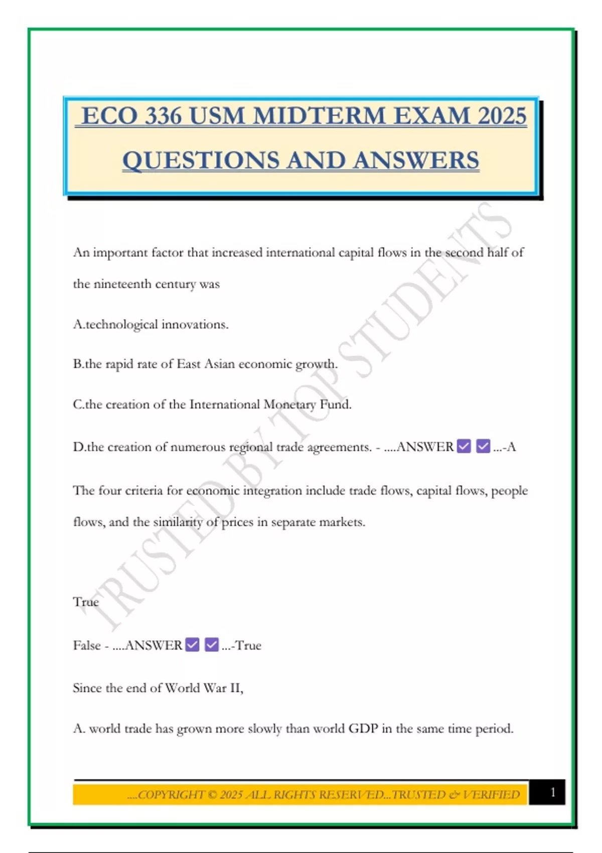 ECO 336 USM MIDTERM EXAM 2025 QUESTIONS AND ANSWERS - ECO 336 - Stuvia US