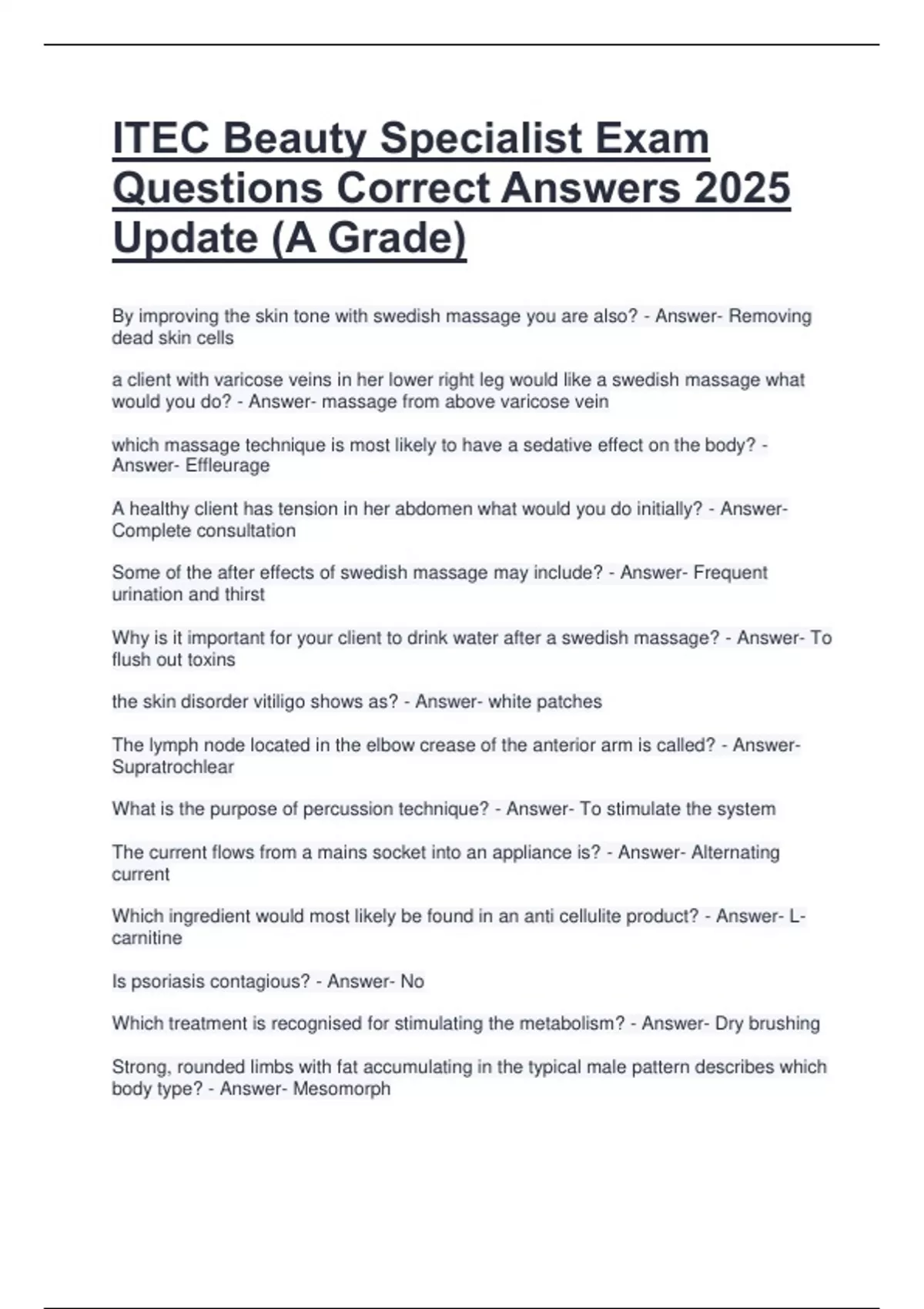 ITEC Beauty Specialist Exam Questions Correct Answers 2025 Update (A ...