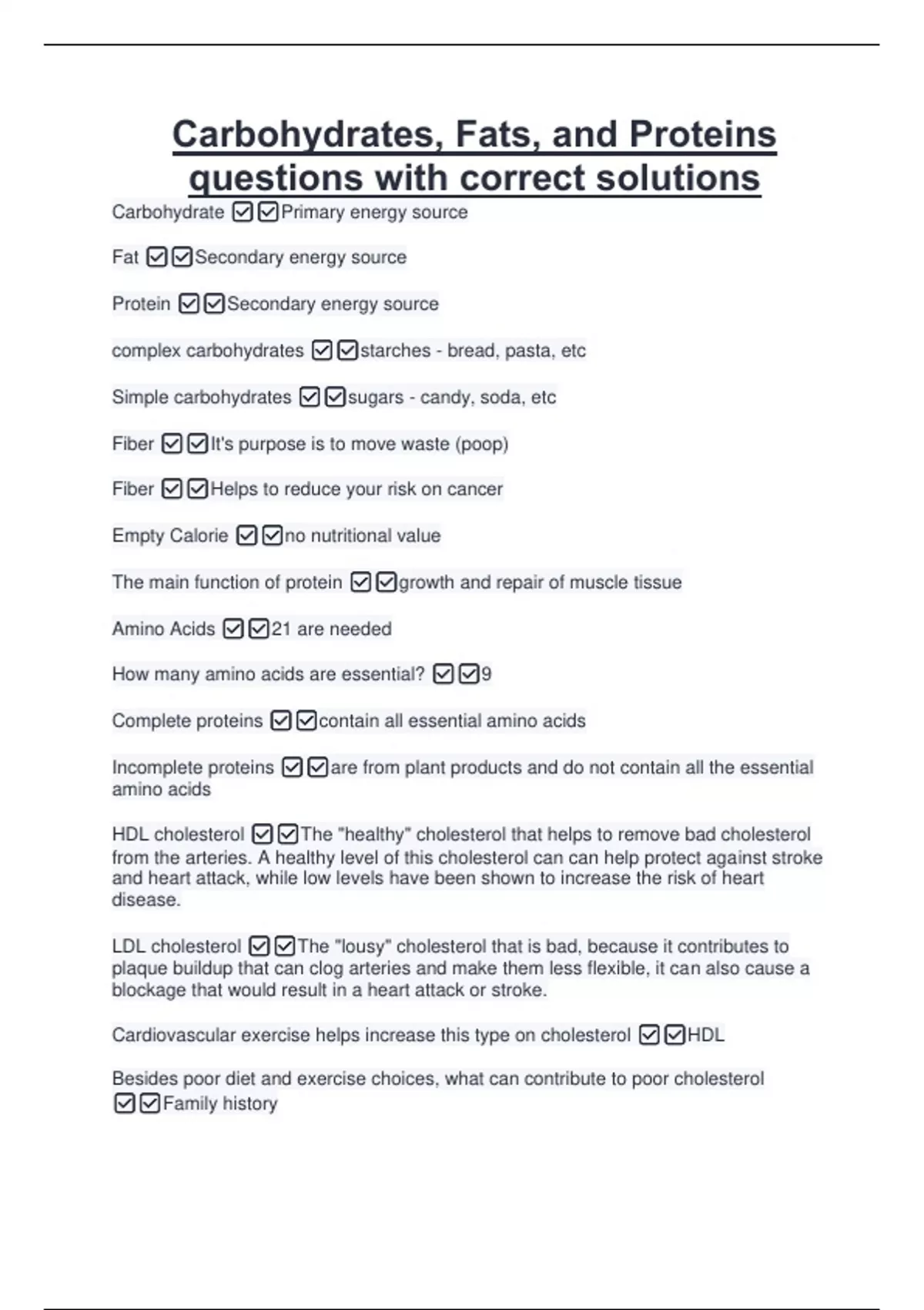 Carbohydrates, Fats, and Proteins questions with correct solutions ...