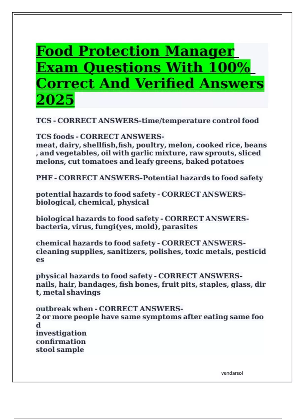 Food Protection Manager Certification Examination Questions With 100% ...