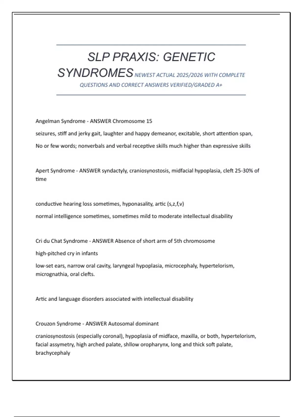 SLP PRAXIS: GENETIC SYNDROMES NEWEST ACTUAL 2025/2026 WITH COMPLETE ...