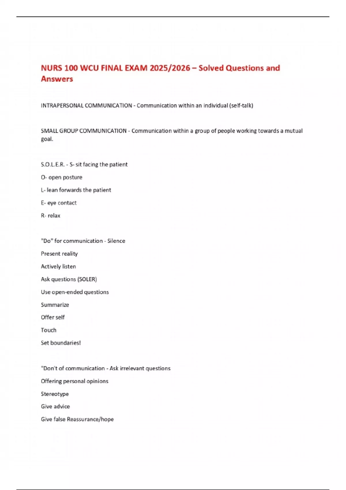 NURS 100 WCU FINAL EXAM 2025/2026 – Solved Questions and Answers - NURS ...