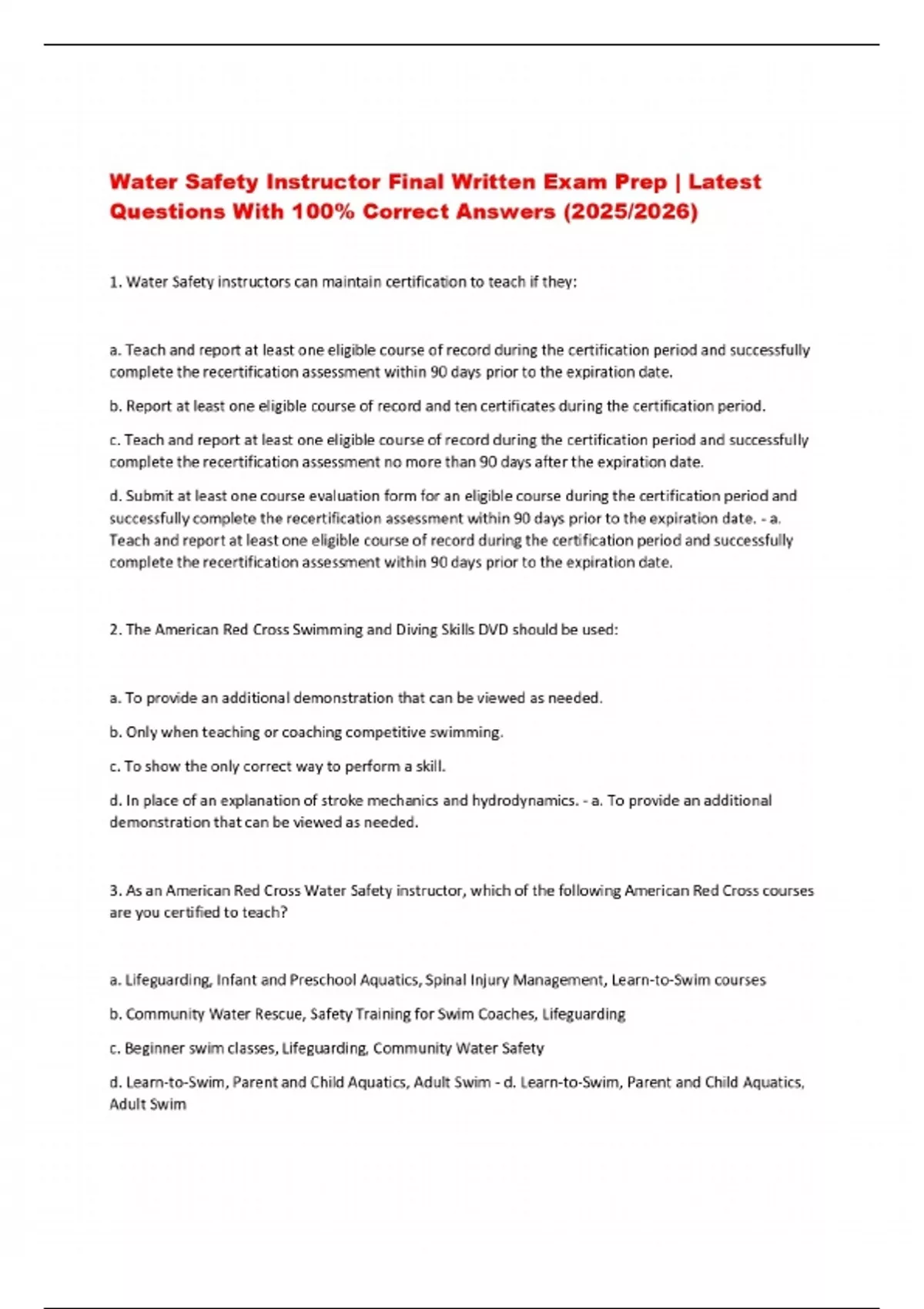 Water Safety Instructor Final Written Exam Prep | Latest Questions With ...