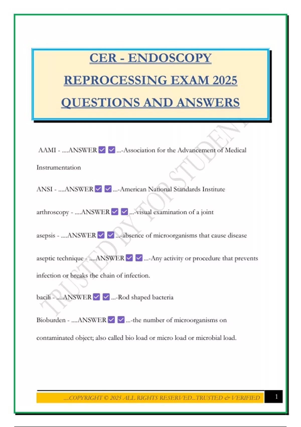 CER - ENDOSCOPY REPROCESSING EXAM 2025 QUESTIONS AND ANSWERS - CER ...