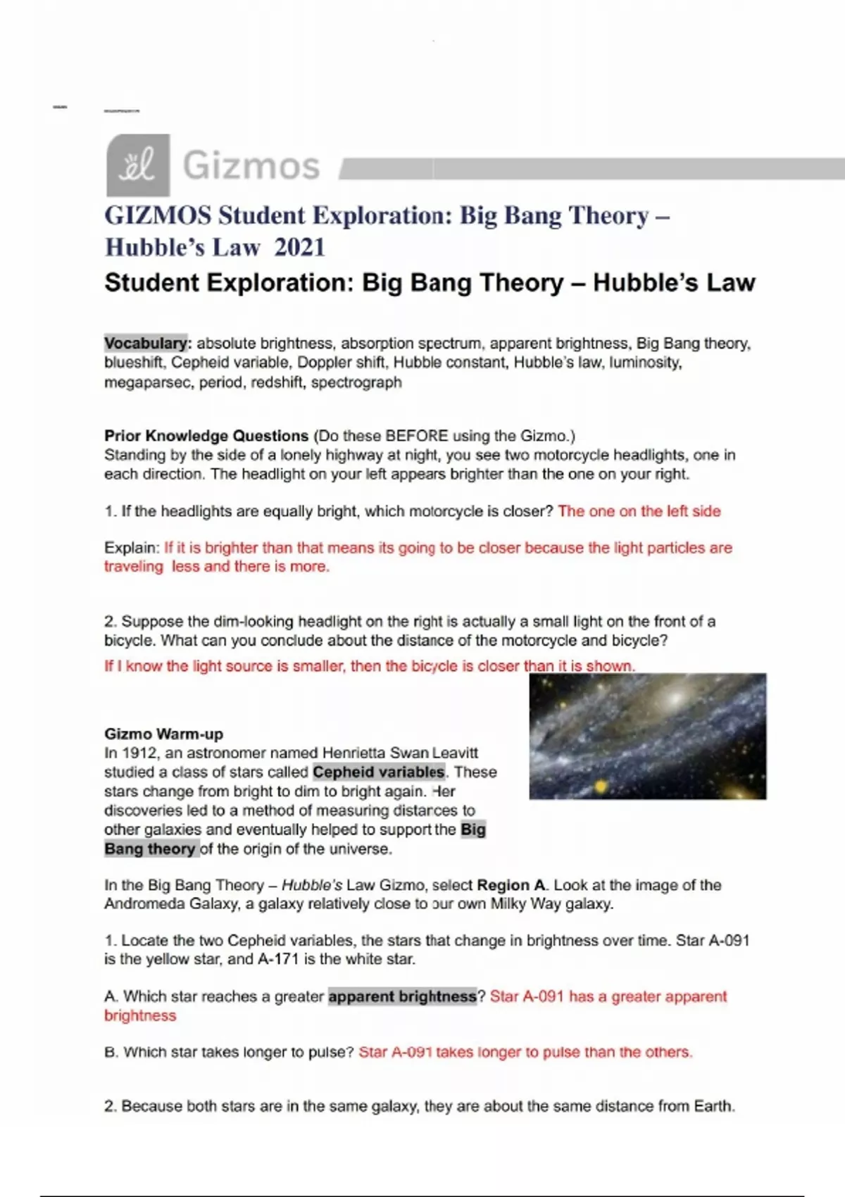 Gizmos Student Exploration Big Bang Theory – Hubble’s Law - Gizmos ...