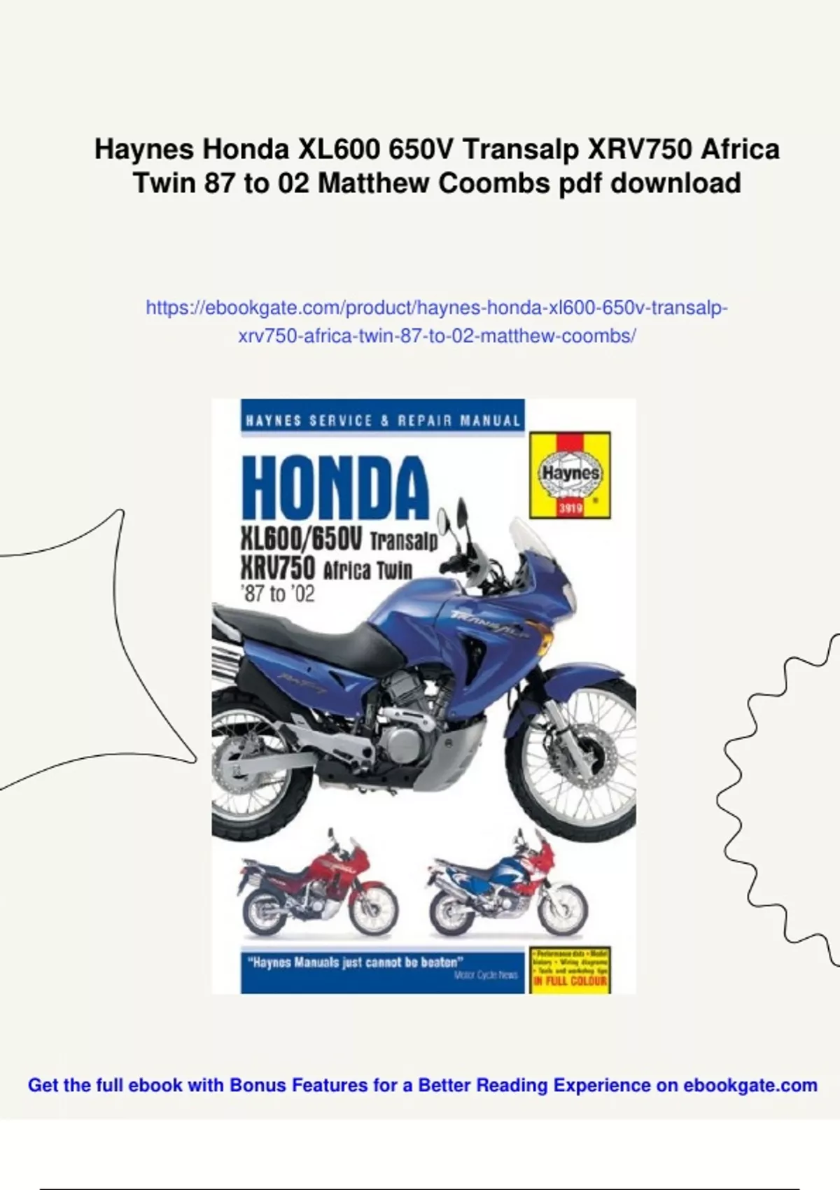Summary Haynes Honda XL600 650V Transalp XRV750 Africa Twin 87 to 02 ...