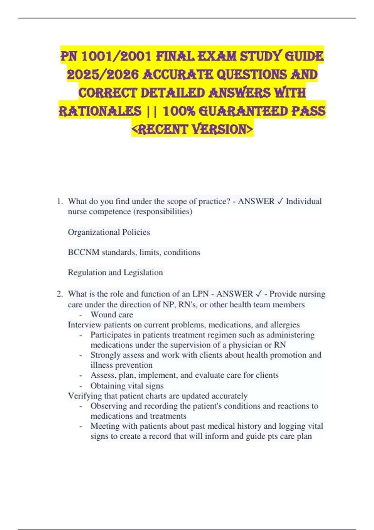 PN 1001/2001 FINAL EXAM STUDY GUIDE 2025/2026 ACCURATE QUESTIONS AND CORRECT DETAILED ANSWERS ...