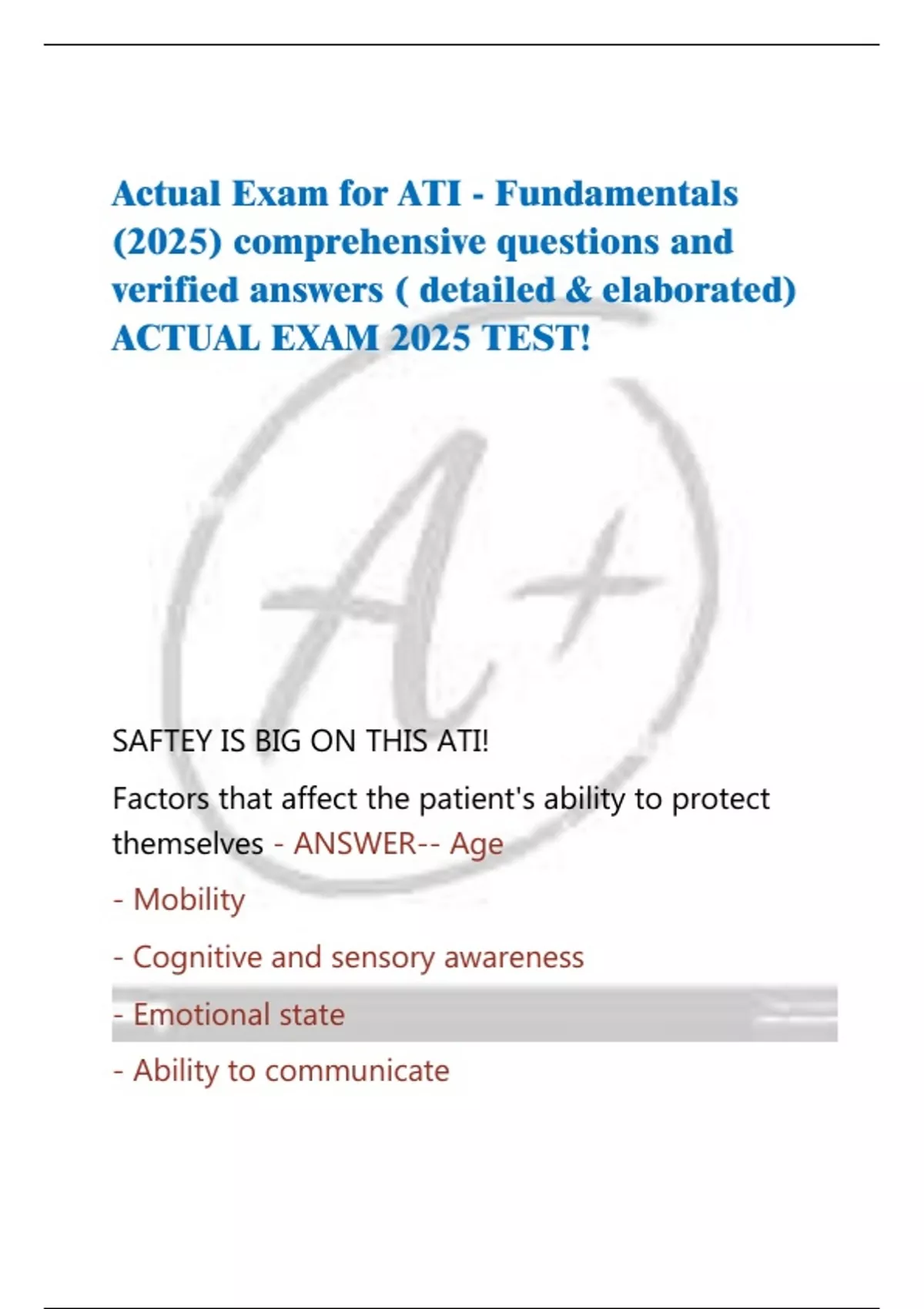 Actual Exam for ATI - Fundamentals (2025) comprehensive questions and verified answers ...