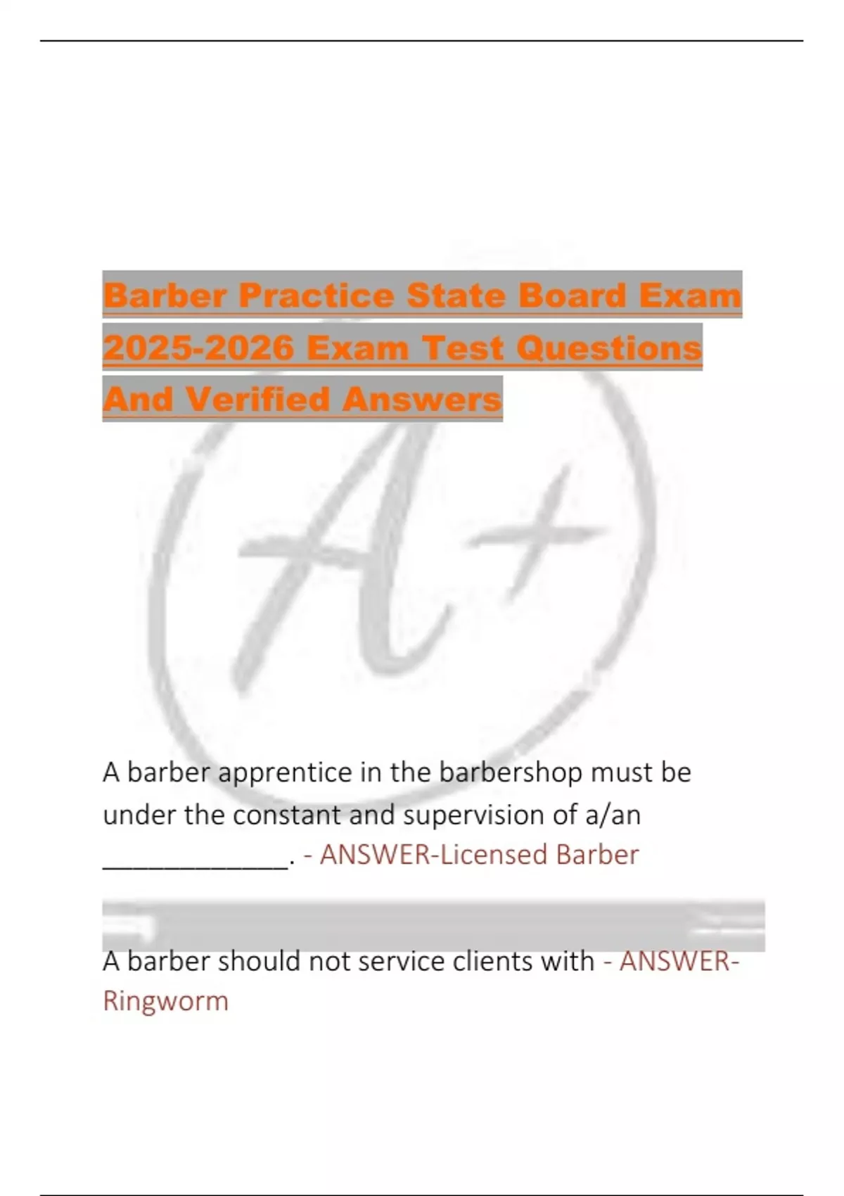 Barber Practice State Board Exam Exam Test Questions And Verified ...