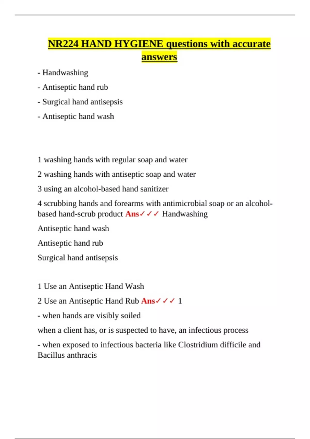 NR224 – Hand Hygiene Questions with Accurate Answers – Clinical Nursing ...
