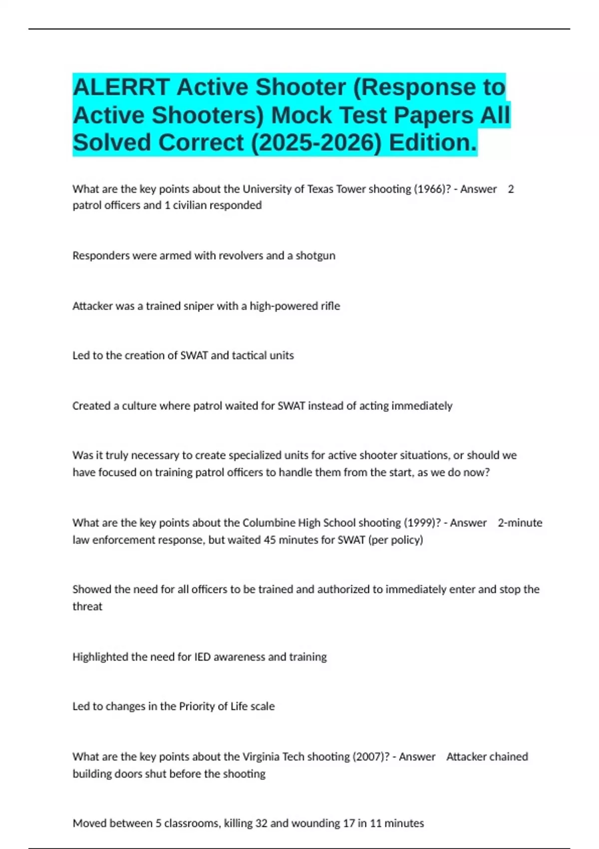 ALERRT Active Shooter (Response to Active Shooters) Mock Test Papers ...
